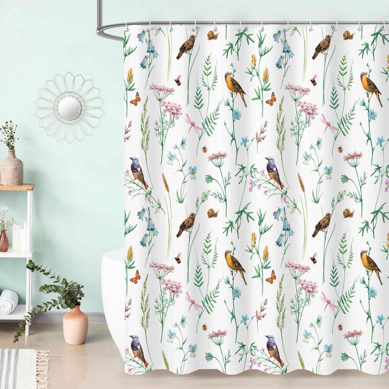 Green Cute Floral Shower Curtain, Watercolor Birds, Butterflies, Snails ...