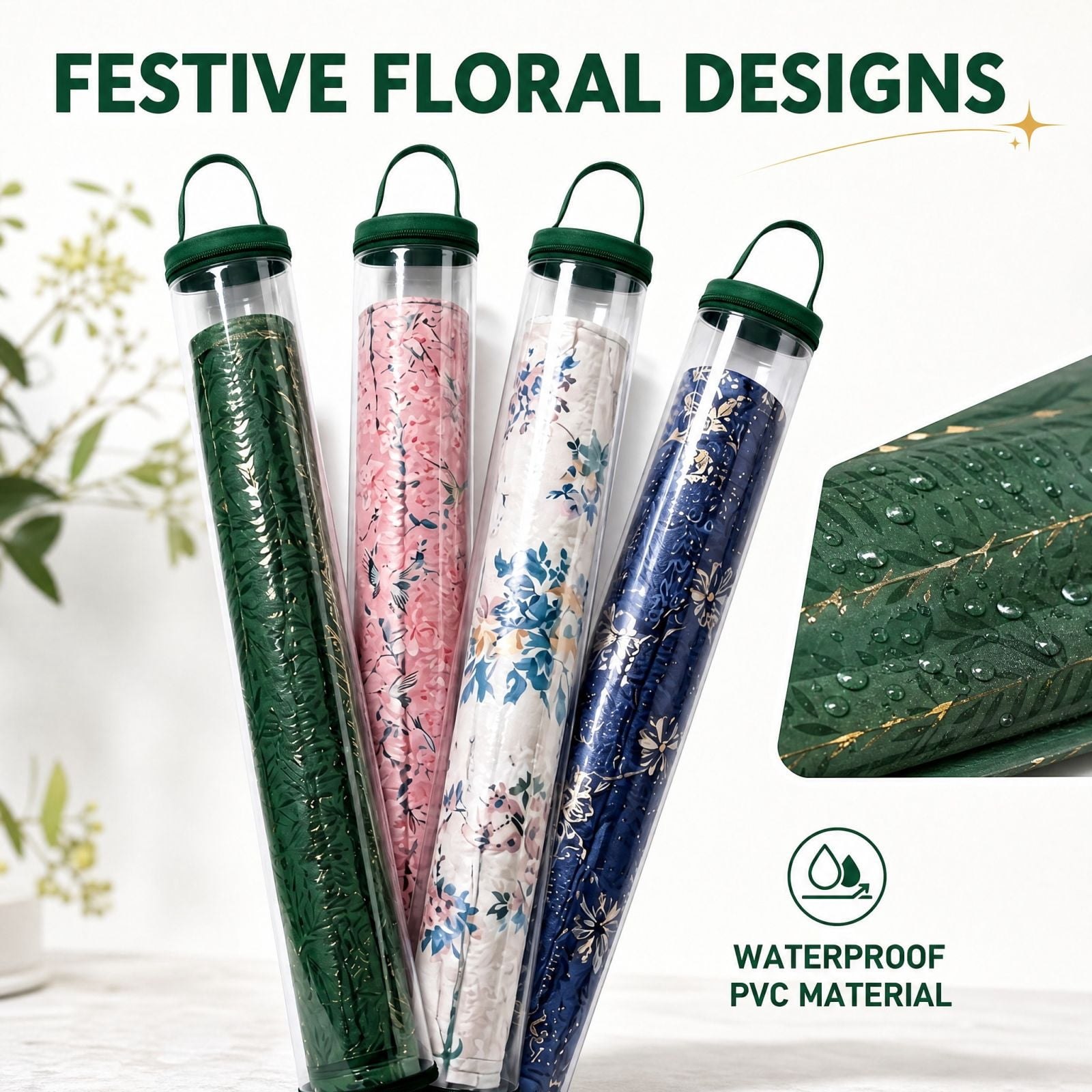 Green Cylindrical Storage Bag with Reinforced Handle and Clear Zipper ...