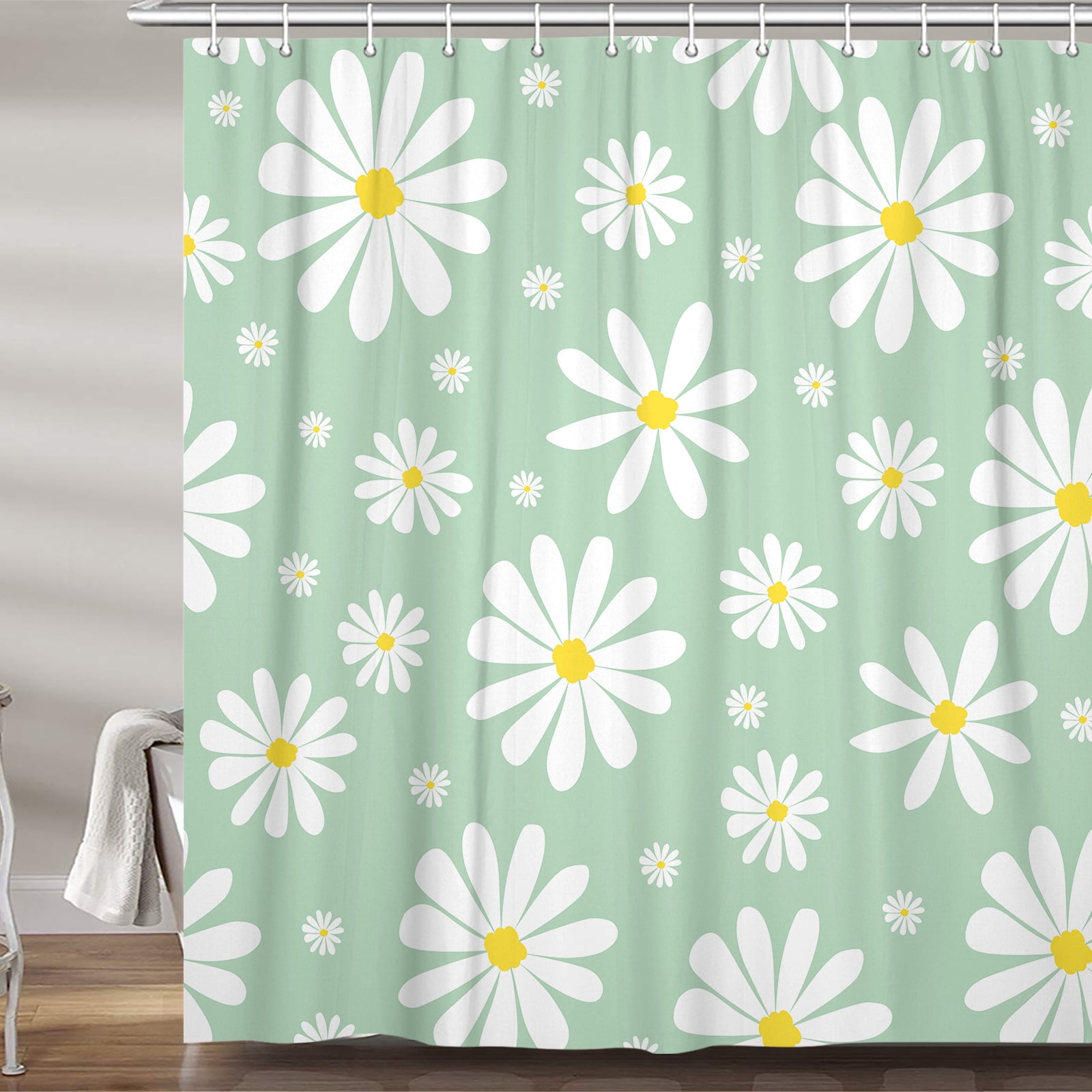 Green Daisy Floral Shower Curtain, Cute Boho White and Green Groovy ...