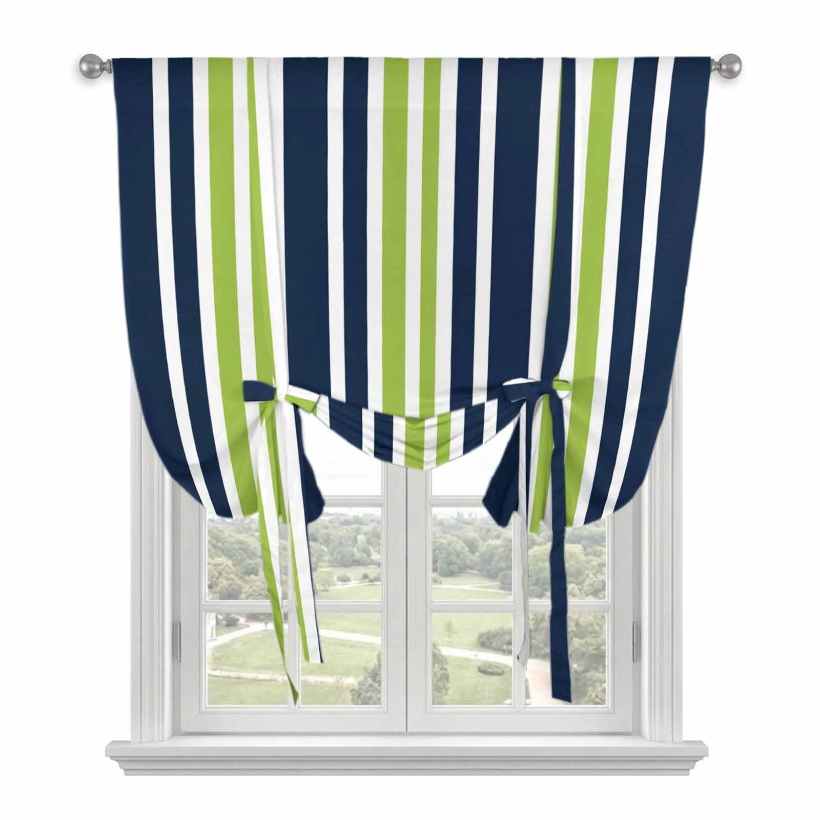 Green Dark Tie Up Curtain for Window, Blue Striped Minimalist Contrast ...