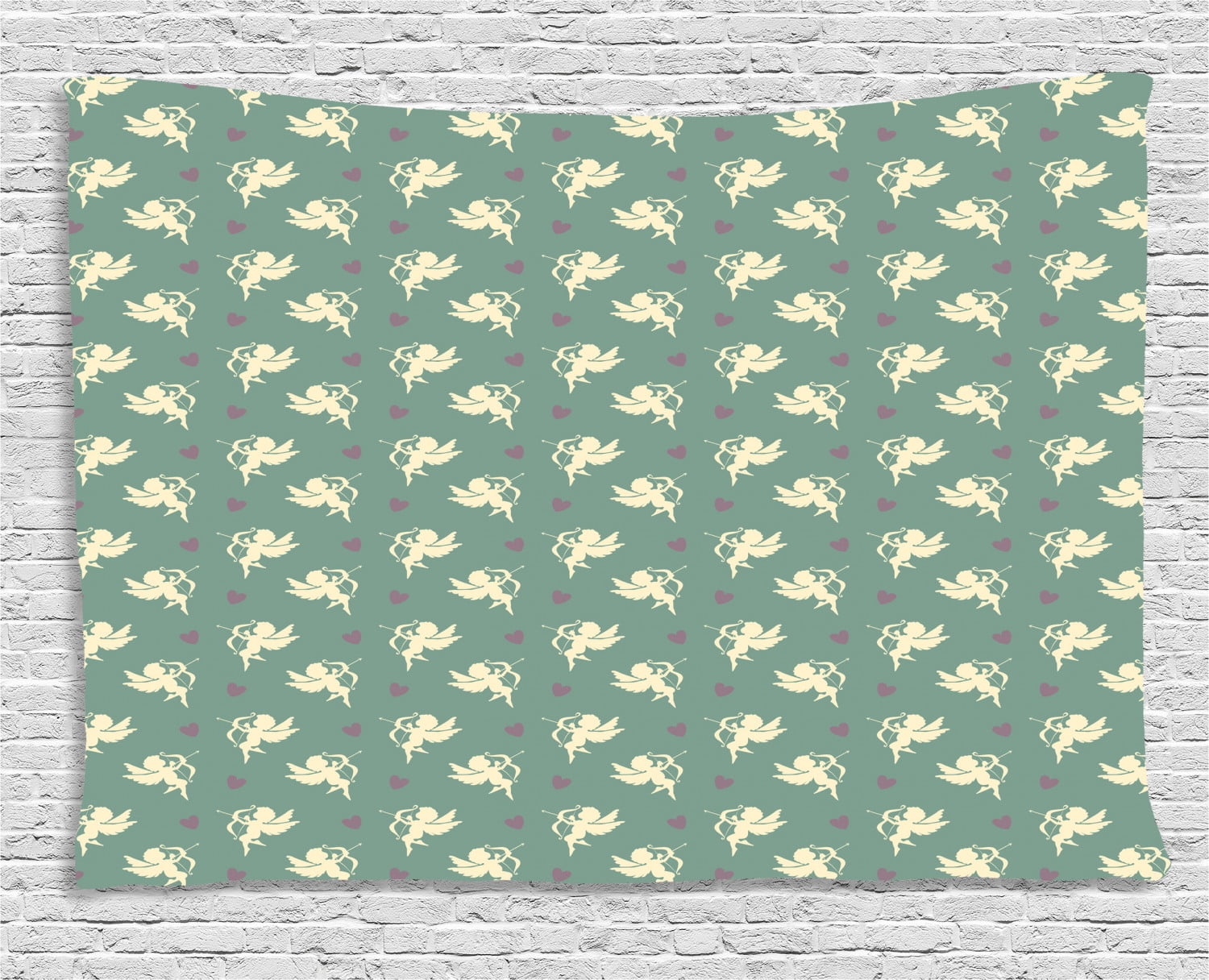 Green Decor Tapestry, Greek Mythology God of Love Cupid Pattern with ...