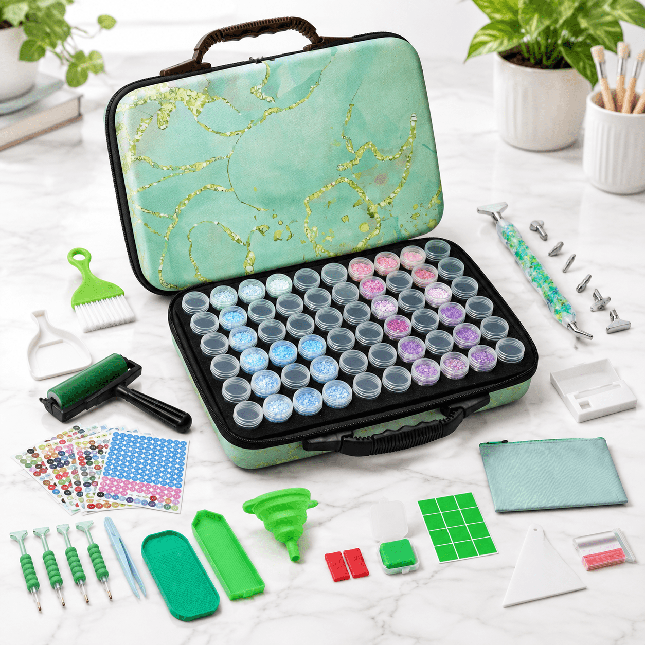 Green-Deluxe Set 60 Jars Craft Hobby Storage Case with Tools and ...