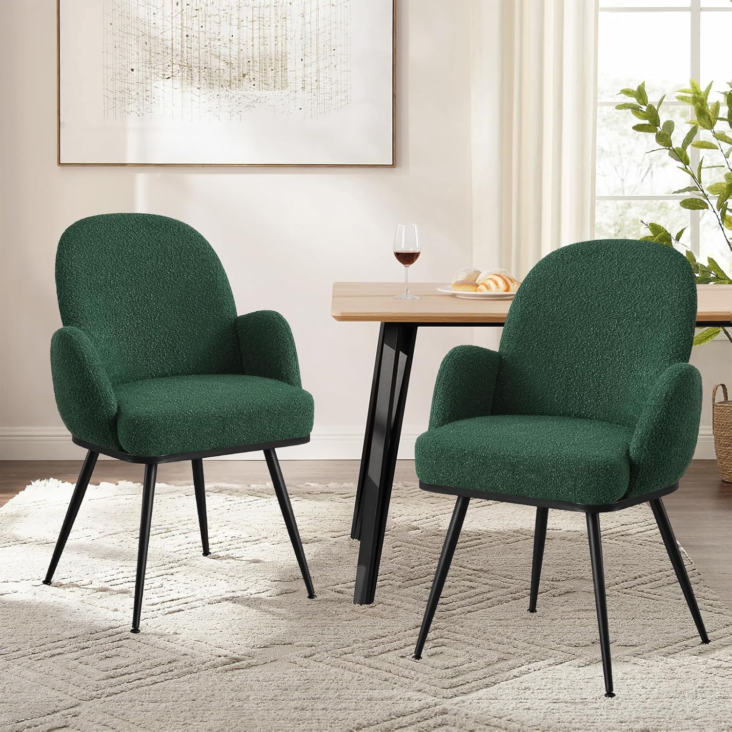 Green Dining Chairs Set of 2, Modern Boucle Fabric Upholstered Kitchen ...