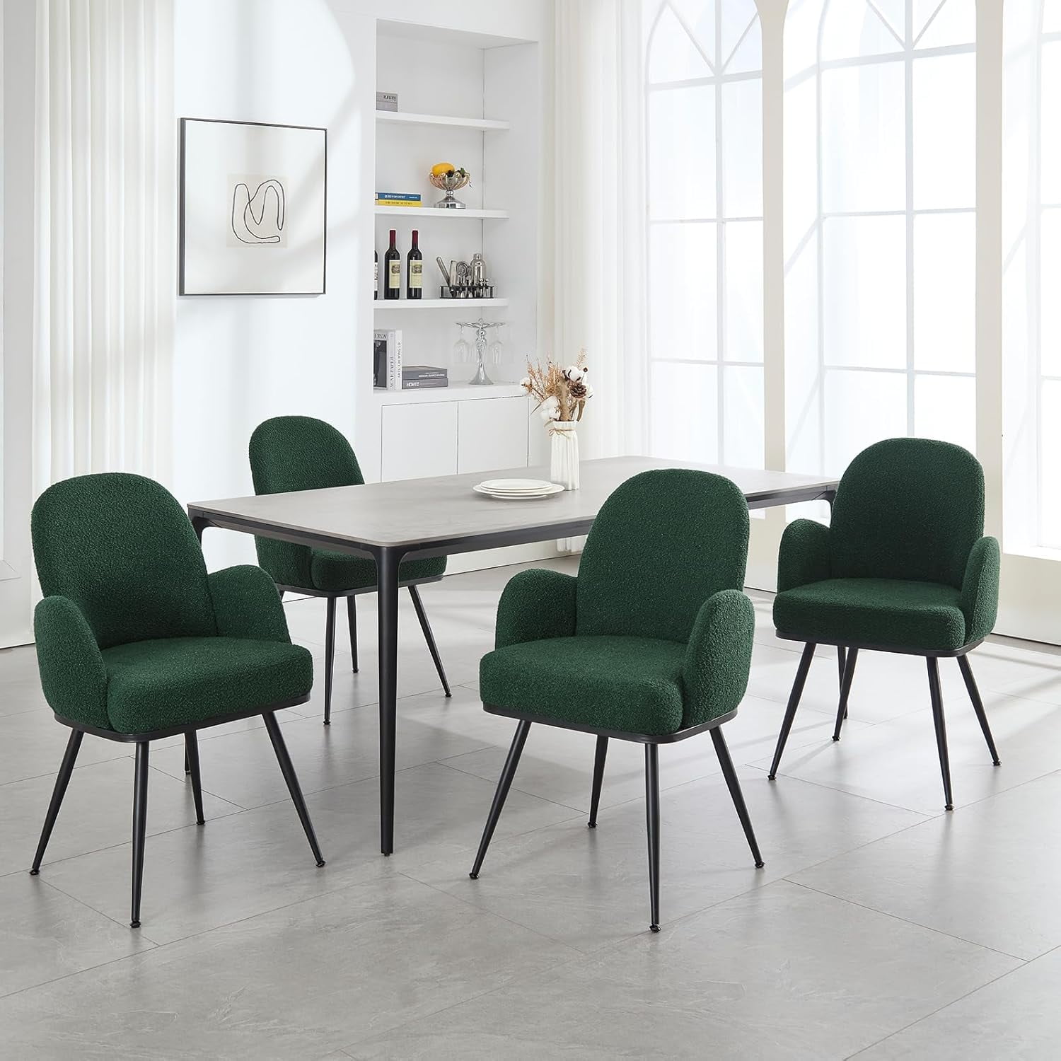 Green Dining Chairs Set of 4, Modern Boucle Fabric Upholstered Kitchen ...
