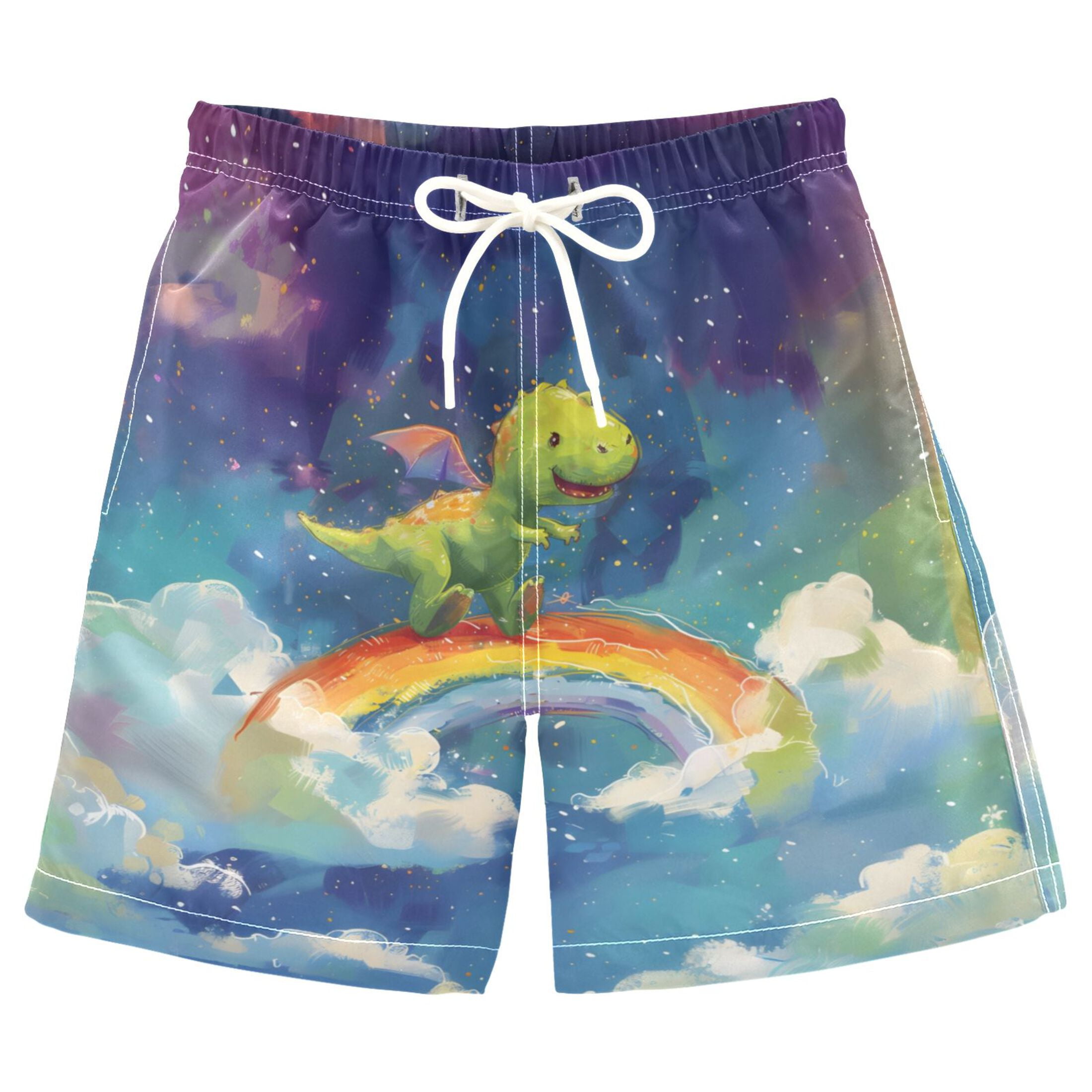 Green Dino Rainbow Nebula Boys' Beach Pants Board Shorts Swim Trunks ...