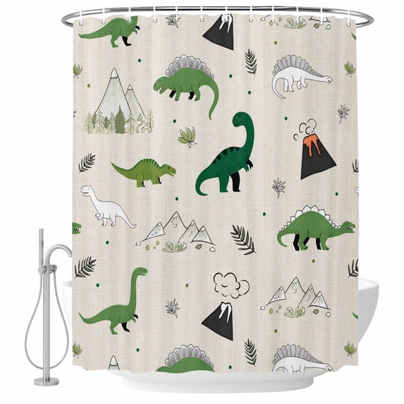 Green Dinosaur Bathroom Shower Curtains with Hooks, Mountain Volcano ...