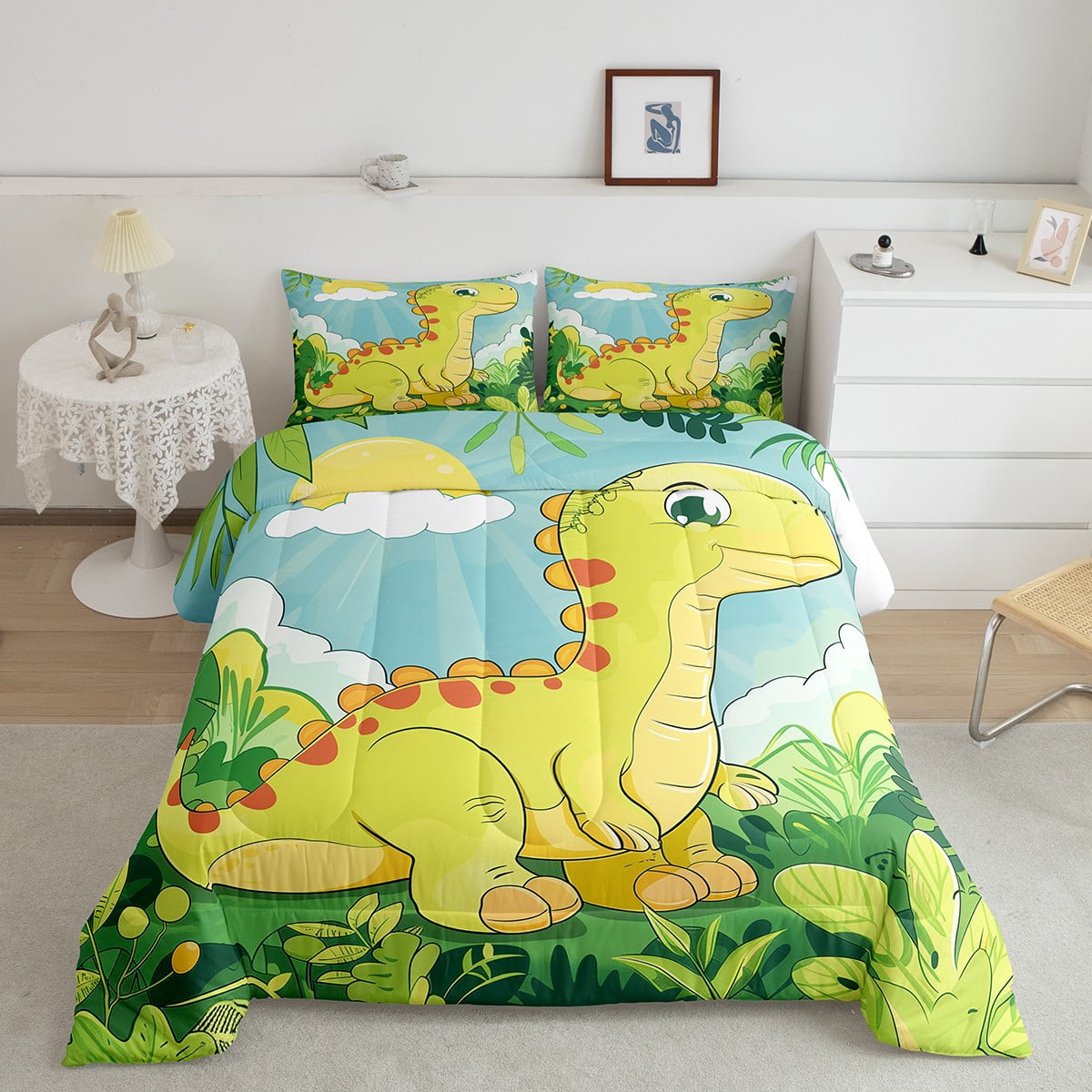 Green Dinosaur Comforter Set Kawaii Dino Queen Bedding Sets,Jungle ...