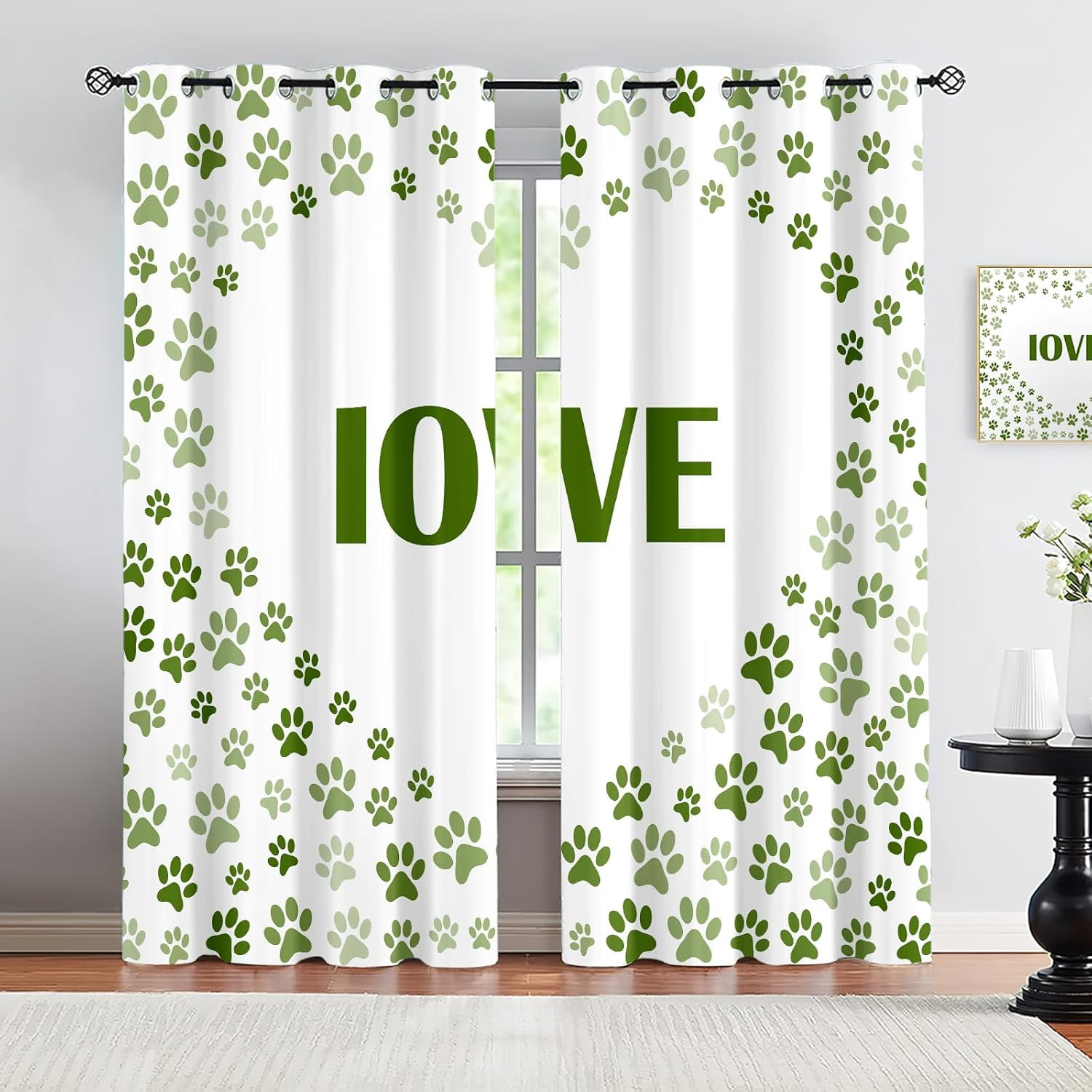 Green Dog Paw Print Eyelet Window Curtain, Love Words Curtain For ...