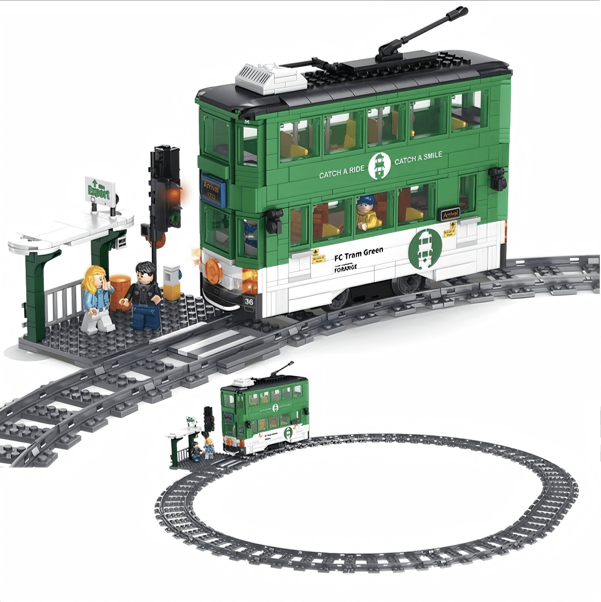 Green Double-decker Tram Building Block Set with Track, Gift for ...