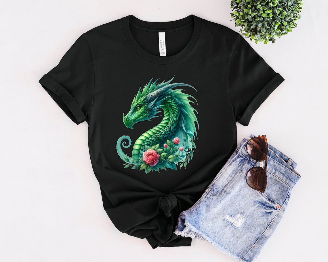 Green Dragon Head with Flowers Tee-Floral Dragon Design-Fantasy Art ...