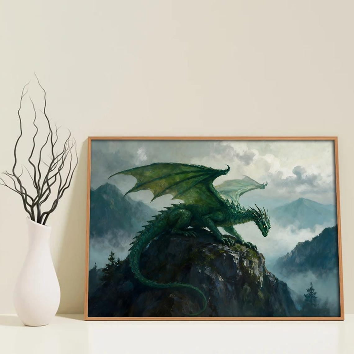 Green Dragon Poster Fantasy Mountain Scene, Gamer Room Art Home Decor ...