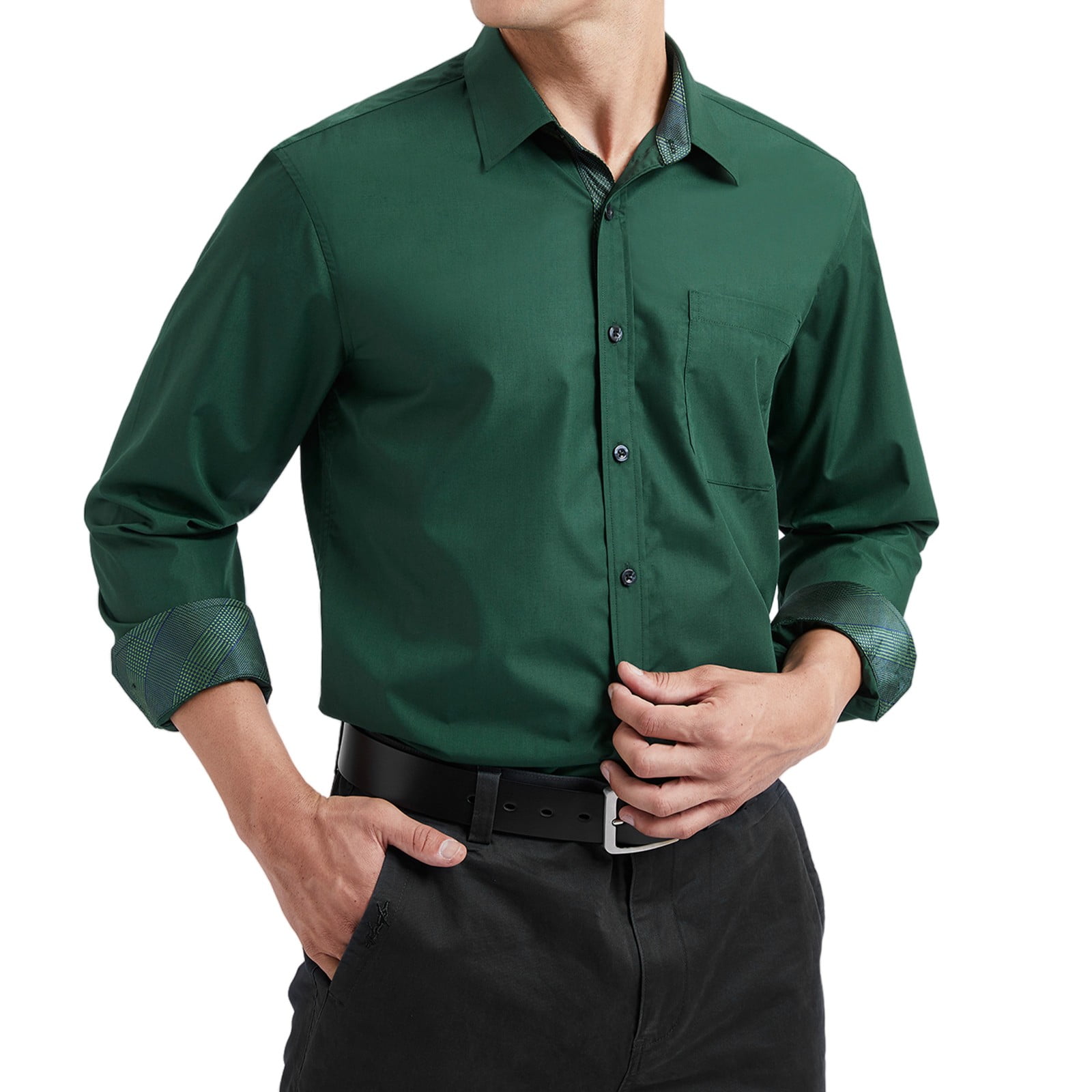Mens Green Dress Shirt Long Sleeve Button-Up Casual Shirt with Inner ...