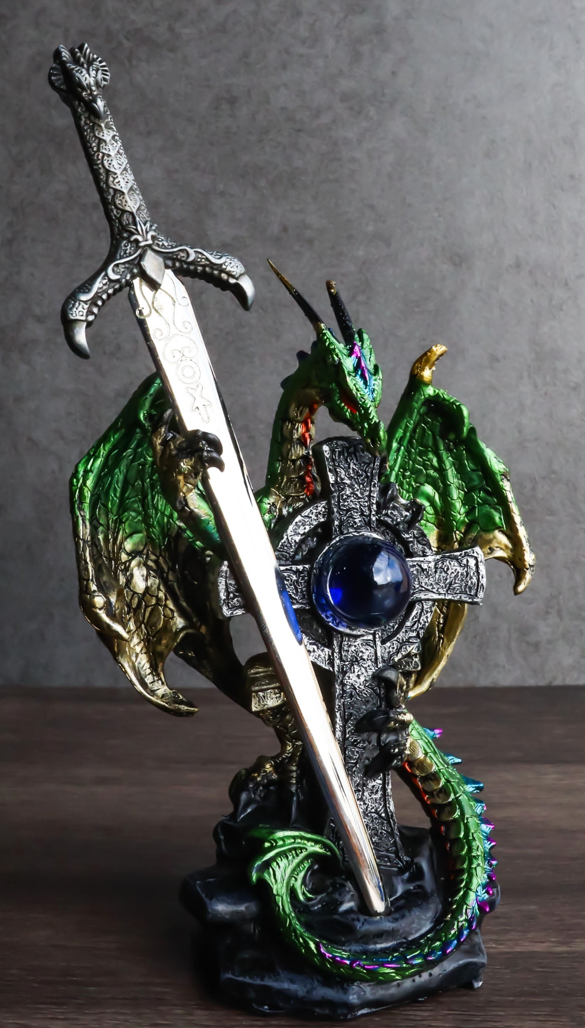 Green Druid Dragon With Celtic High Cross & Gothic Sword Letter Opener ...