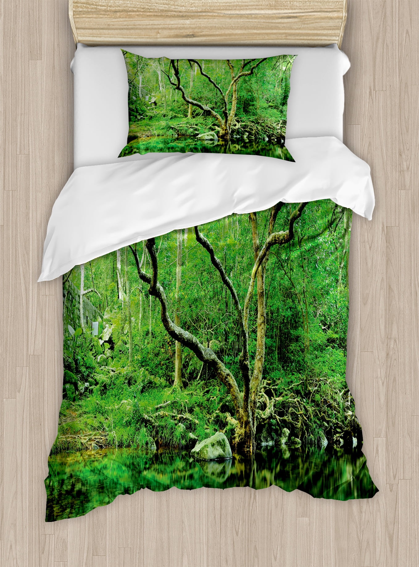 Green Duvet Cover Set, Forest Moss Leaves Nature Themed Isolated Jungle ...