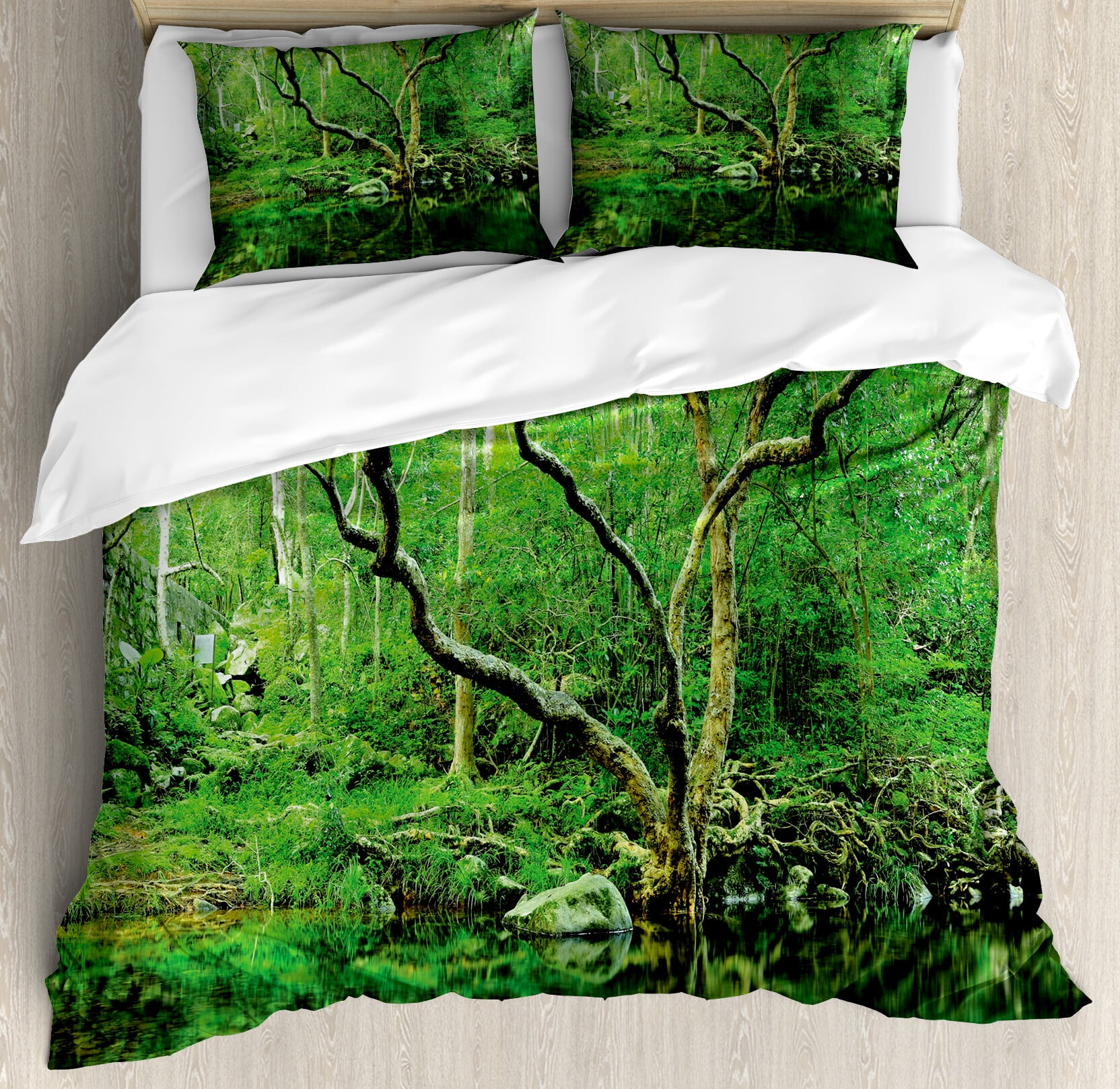 Green Duvet Cover Set, Forest Moss Leaves Nature Themed Isolated Jungle ...