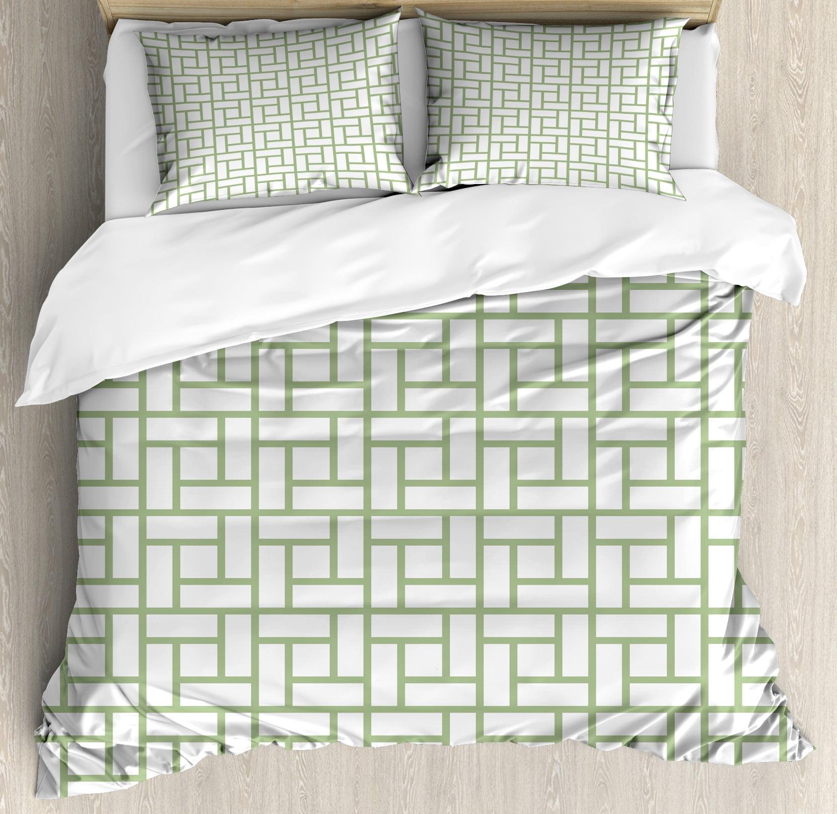Green Duvet Cover Set, Maze Shaped Squares Rectangulars Geometrical ...