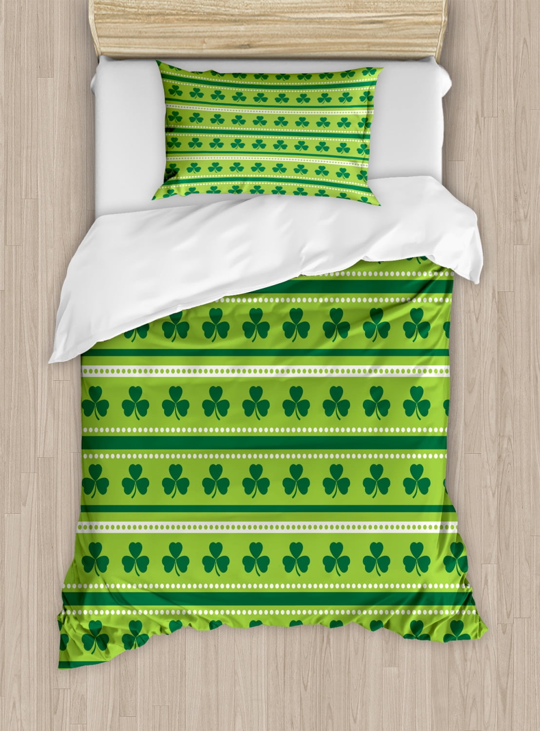 Green Duvet Cover Set, Traditional Irish Pattern Clovers Happy St ...