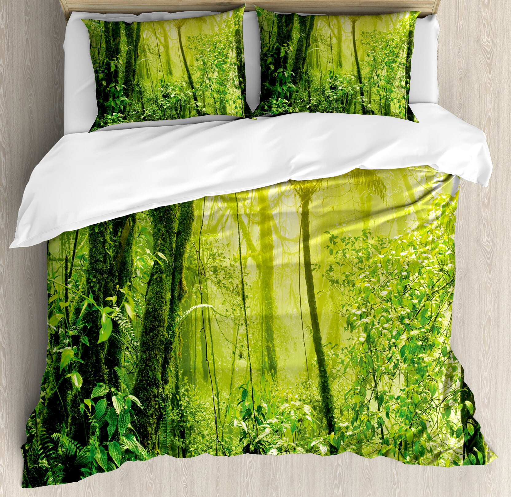 Green Duvet Cover Set, Tropical Amazon Wildlife Nature Forest with ...