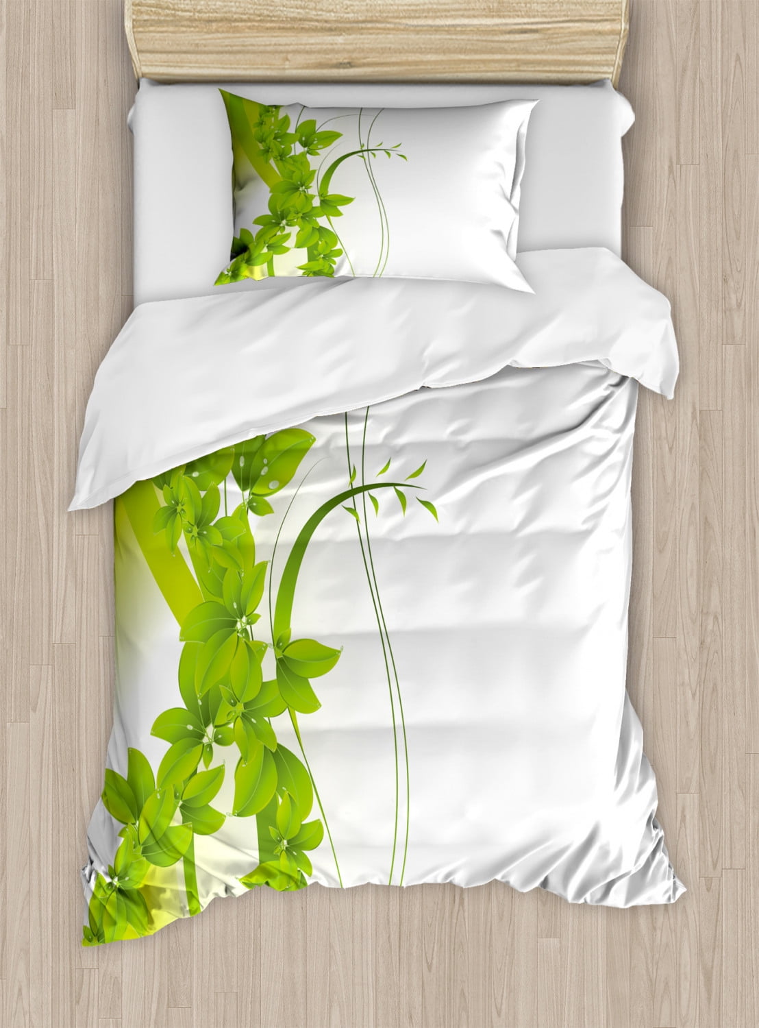 Green Duvet Cover Set Twin Size, Blossoming Flowers Natural Fantasy ...