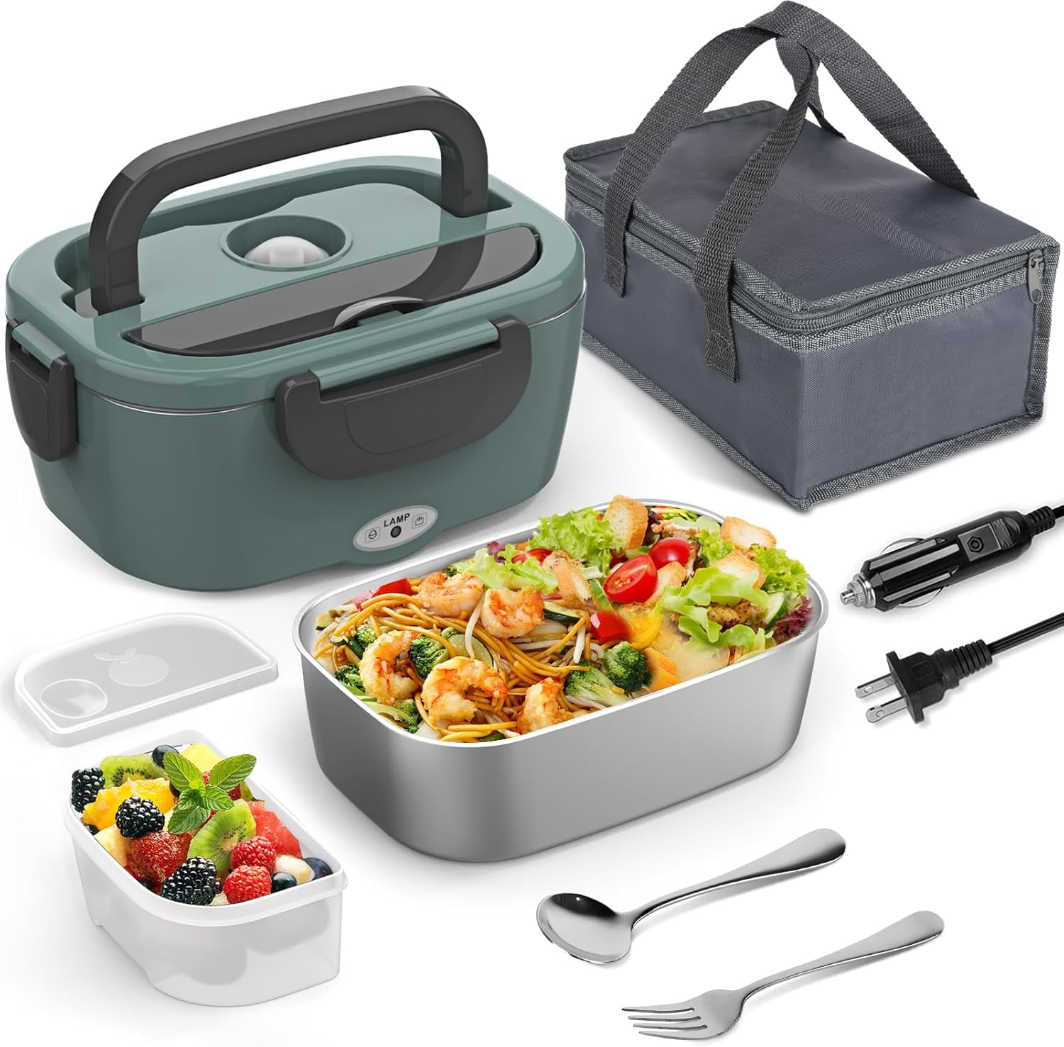 Green Electric Lunch Box Heater 80W Heated LunchBox for Adults, 12V 24V ...