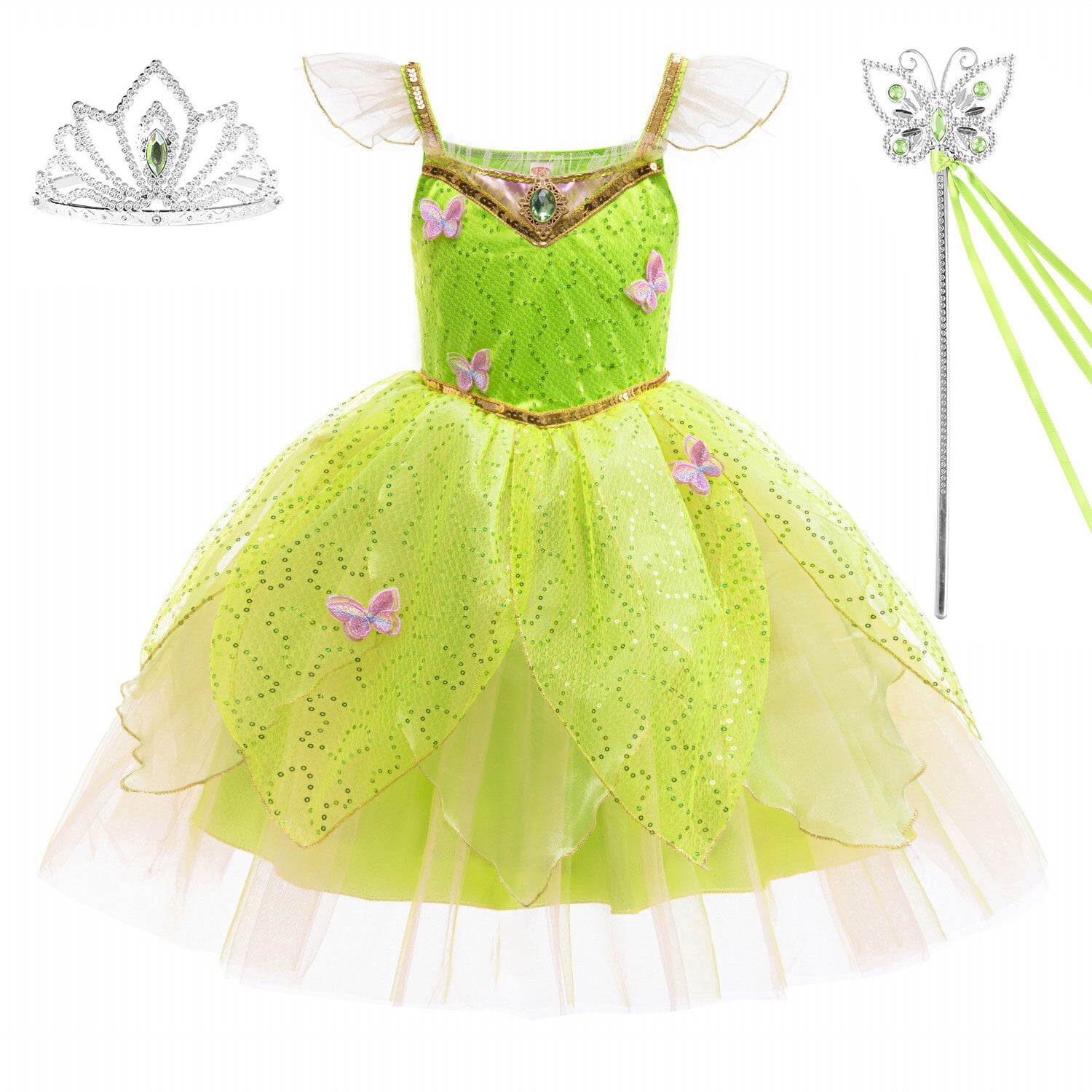 Green Elf Fairy Costume for Girls Female Princess Outfits with Crown Wand, Little Girls for 6-7Y ...
