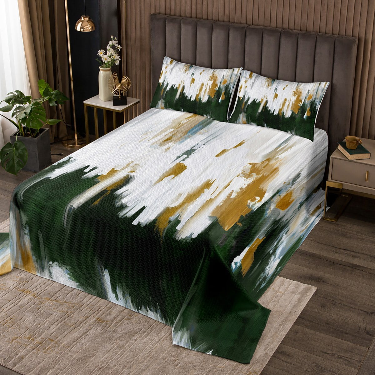 Green Emerald Coverlet King Size Oil Painting Stripe Bedding Set, Brush ...