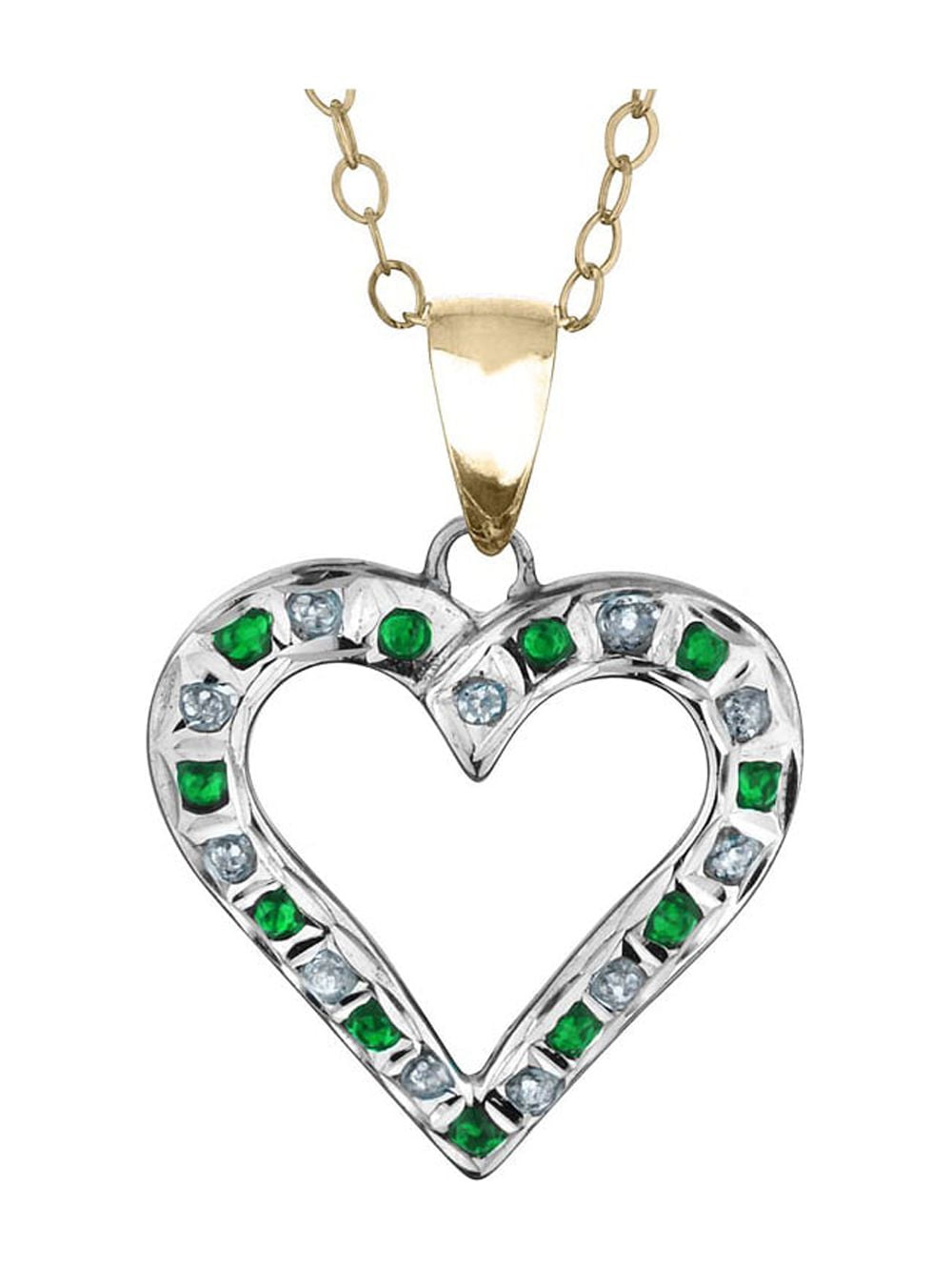 Green Emerald Heart Pendant Necklace in Sterling Silver and 14K Yellow ...