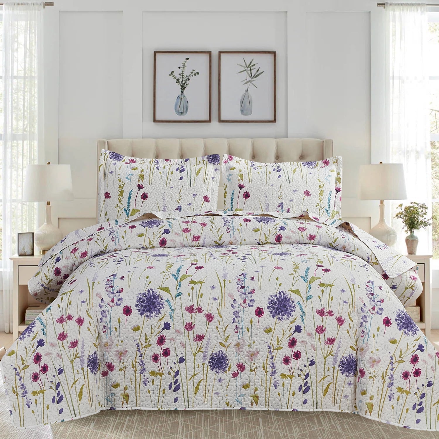 Green Essen 3 Pcs Floral Quilt Set, Microfiber Bedding, Reversible ...
