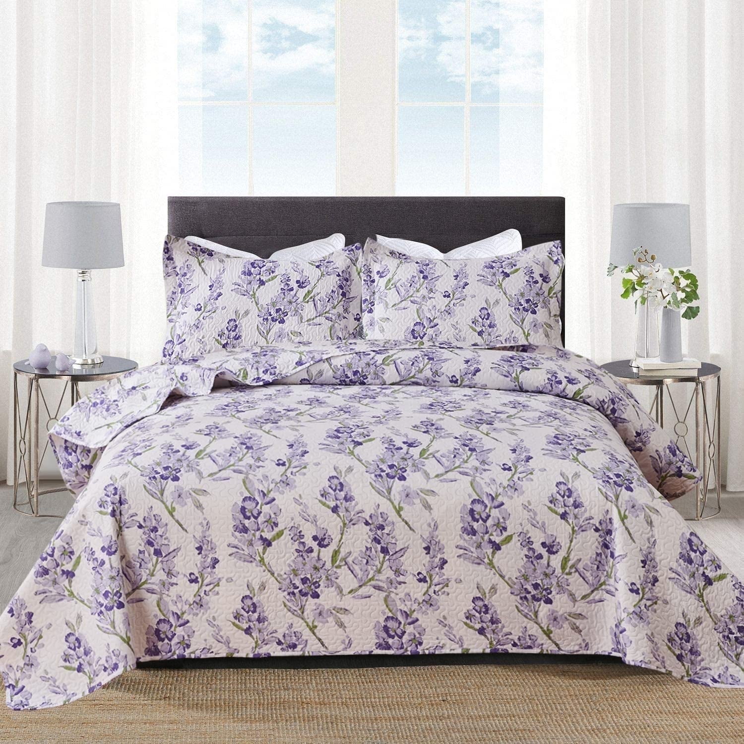 Green Essen Floral Bedding Quilt Set, Lightweight 3 Pcs Reversible ...