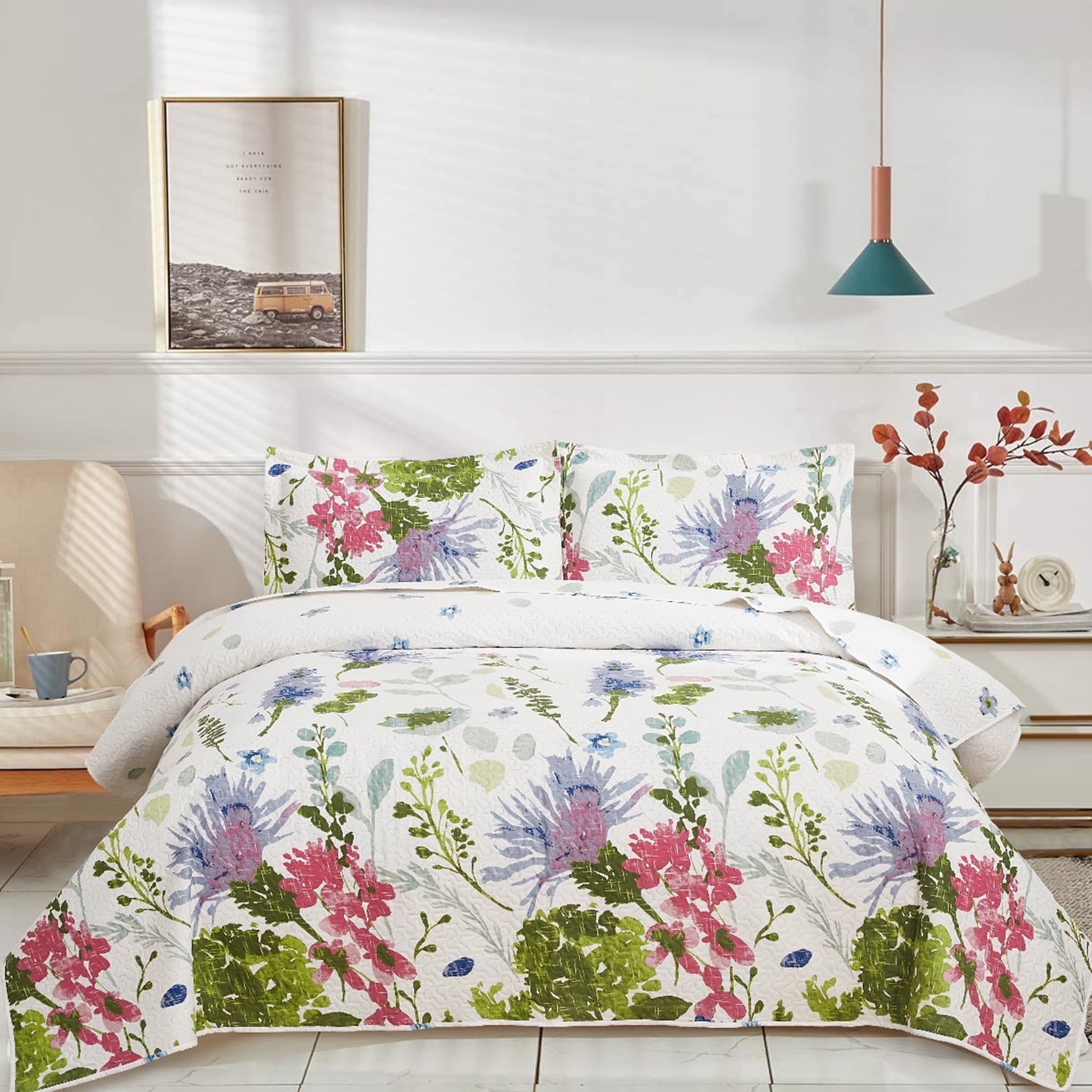 Green Essen King Size 3 Pcs Purple Floral Quilt Sets, Lightweight ...