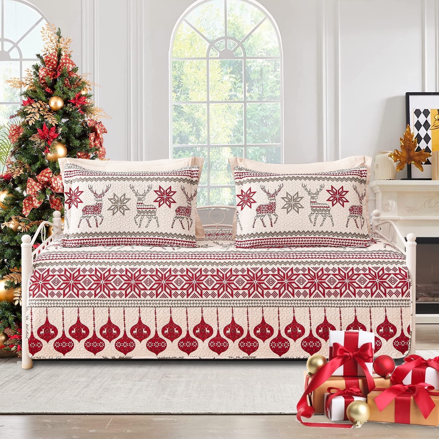 Green Essen 3 Piece Christmas Reindeer Xmas Reversible Daybed Cover Set ...
