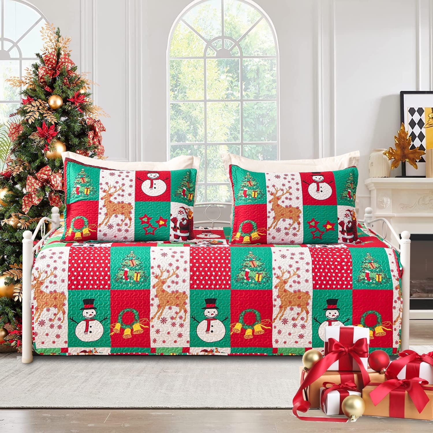 Green Essen 3 Piece Christmas Santa Claus Reversible Daybed Cover Set ...