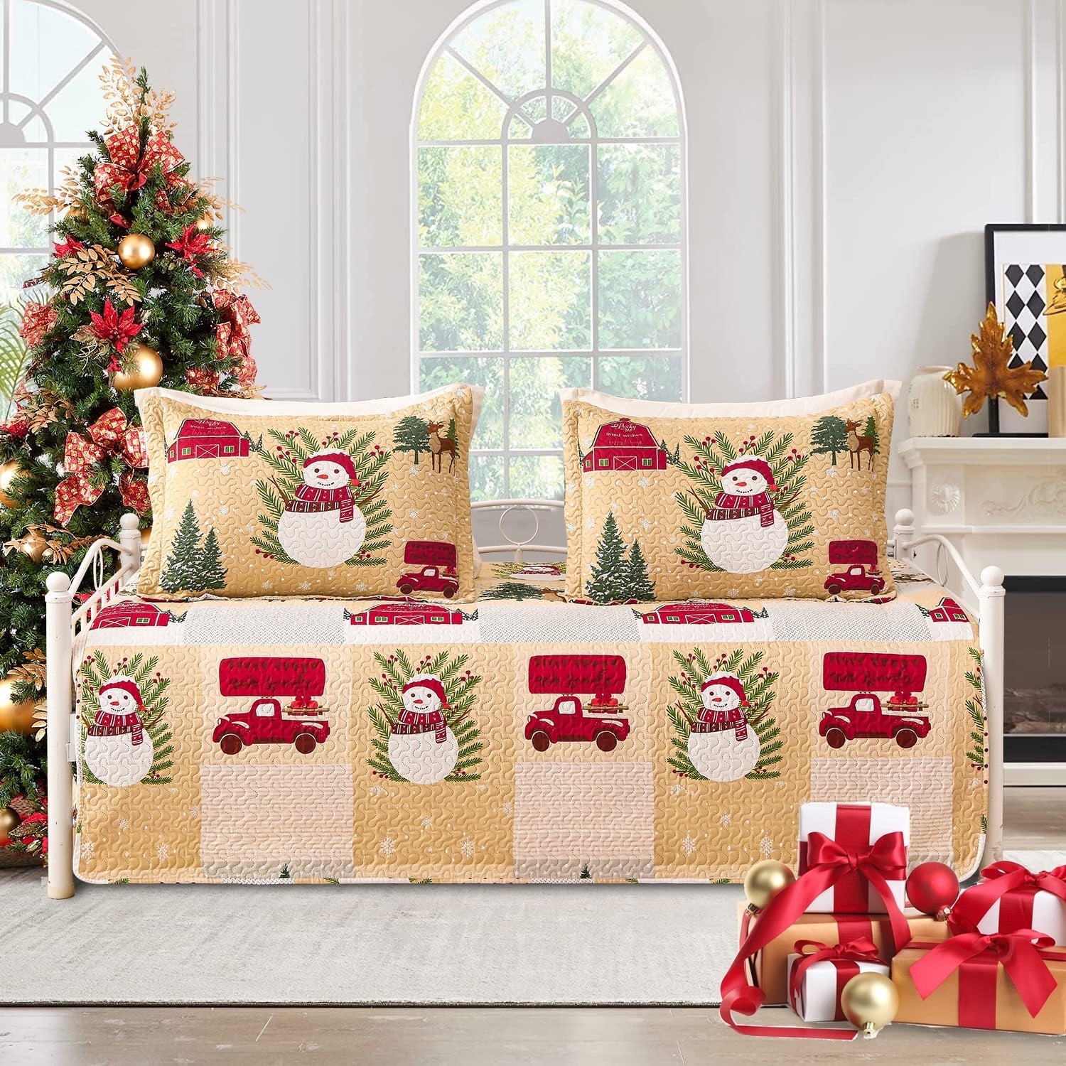 Green Essen 3 Piece Christmas Tree and Snowman Reversible Daybed Cover ...