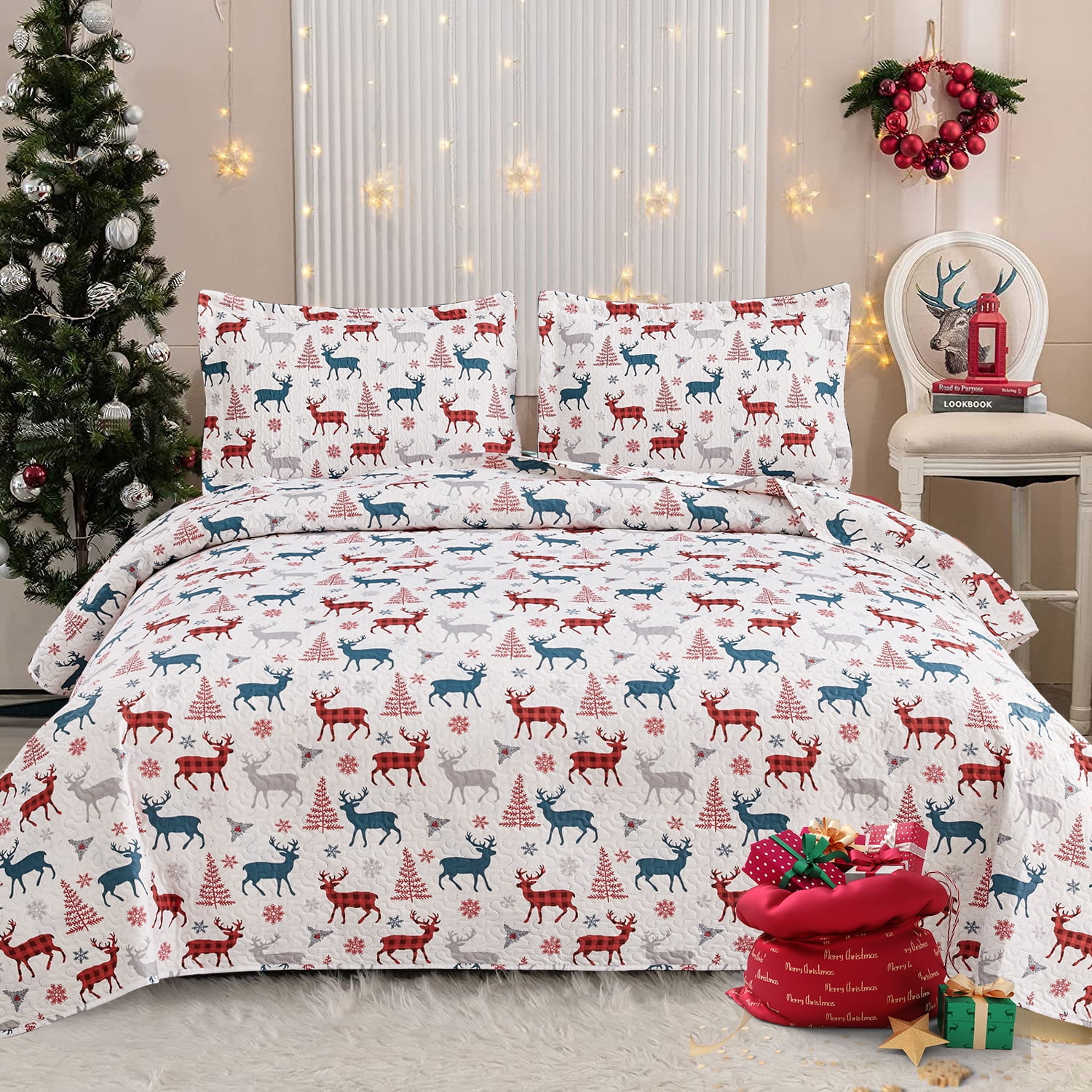 Green Essen 3 Pieces Christmas Quilt Set King Size Lightweight Xmas ...