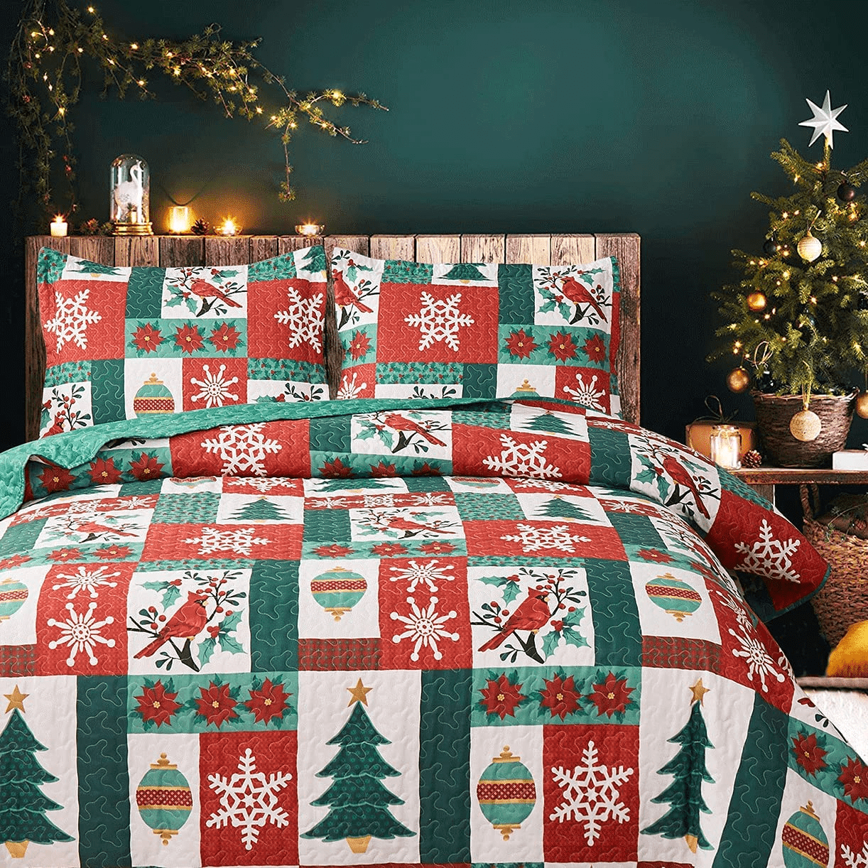 Green Essen Christmas Quilt King Size Reversible Bedding Set Patchwork ...