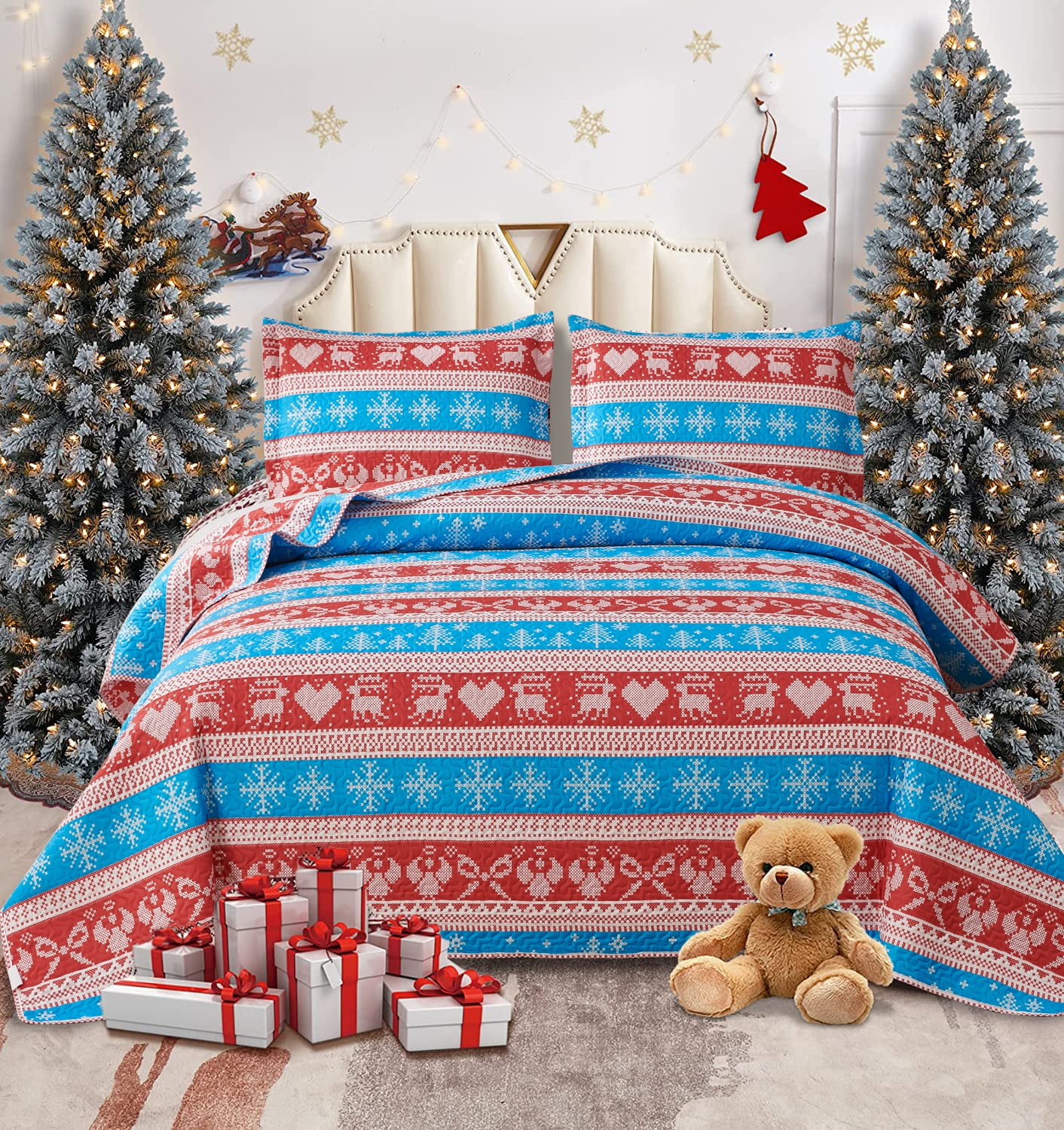 Green Essen Christmas Quilt King Size Reversible Rustic Quilt Blue ...