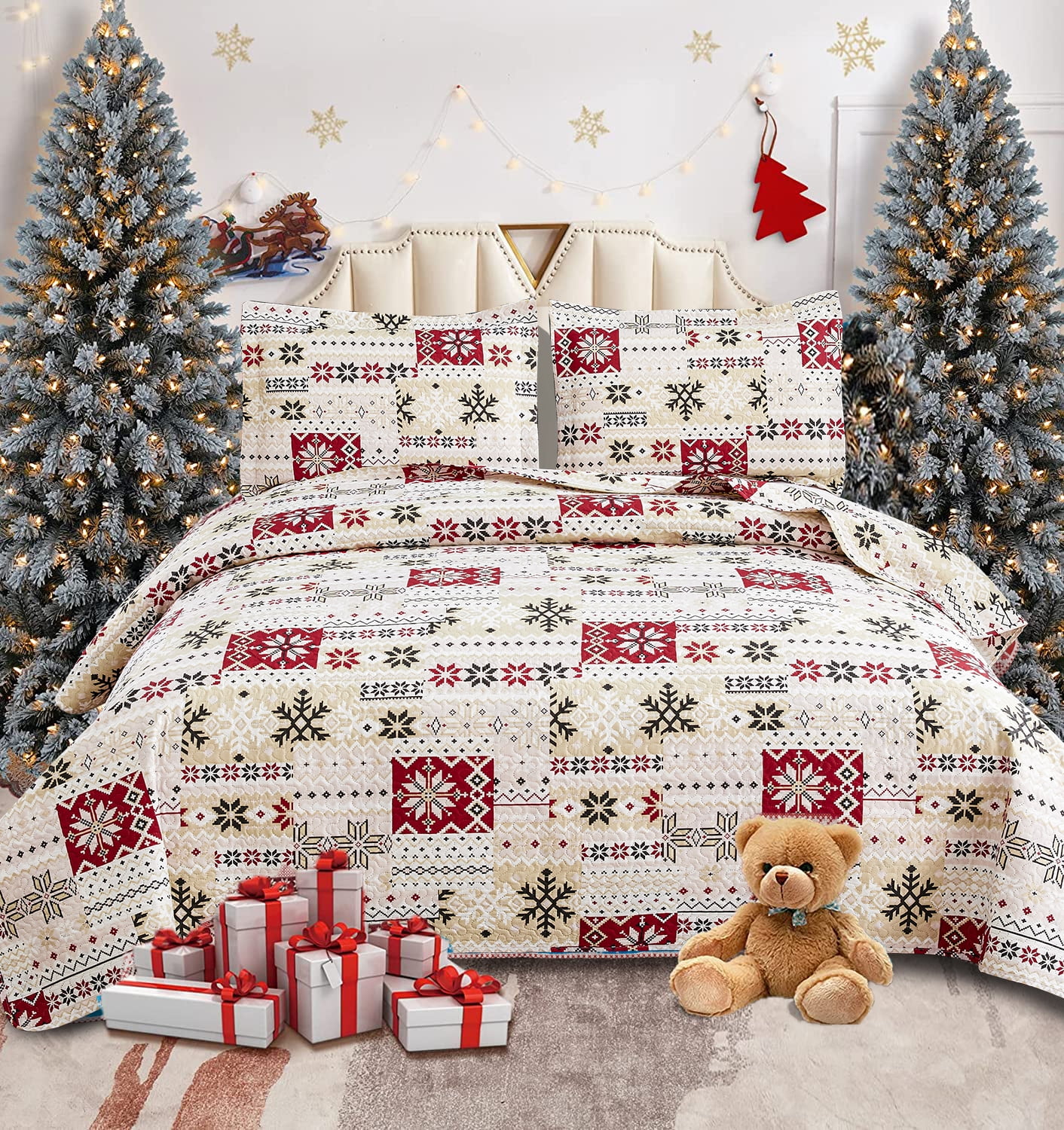 Green Essen Christmas Quilt King Size Snowflake Bedding Set Lightweight ...