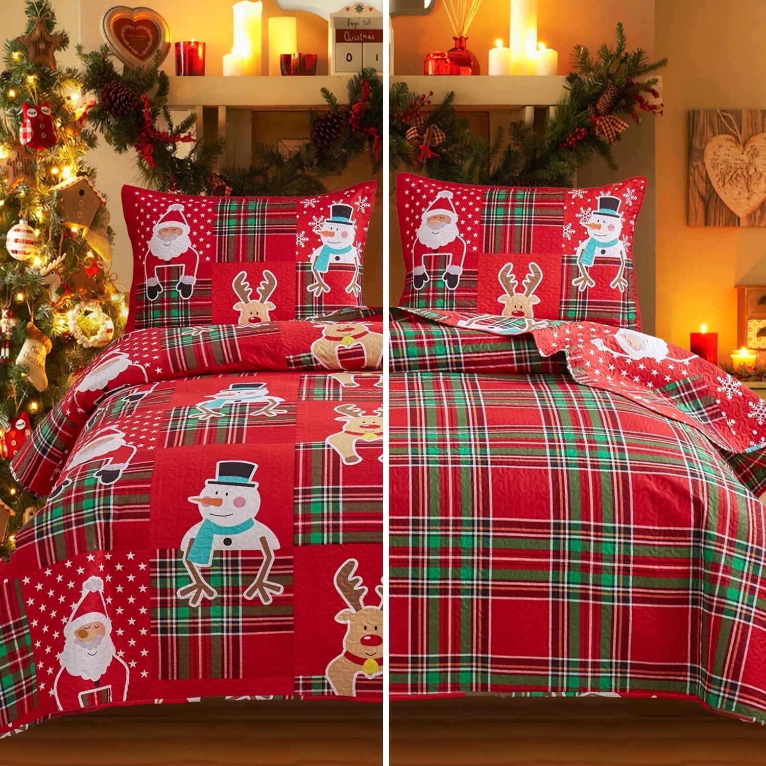 Green Essen Christmas Quilt Set: Reindeer Bedding, Santa Claus Snowman ...