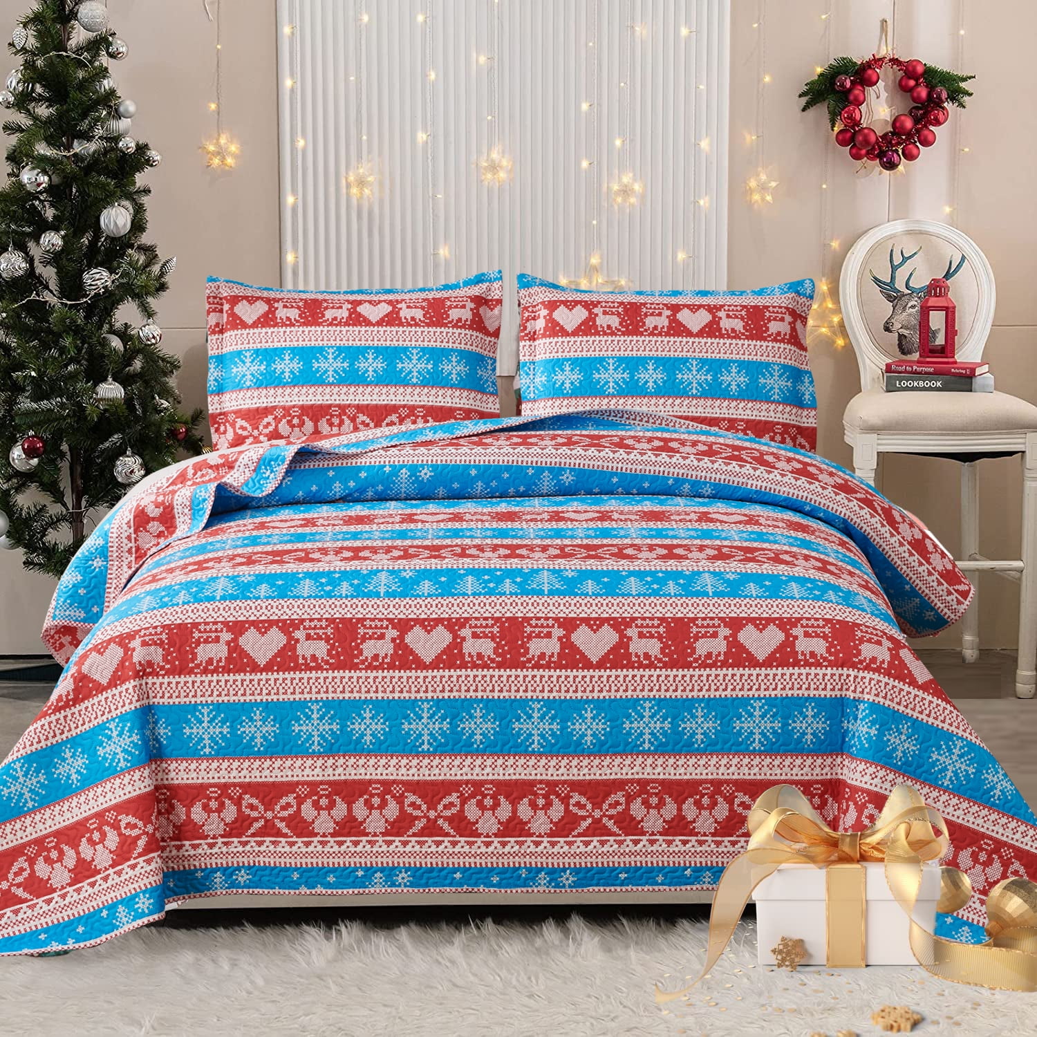 Green Essen Christmas Quilt Sets Twin Size Reversible Rustic Quilt ...