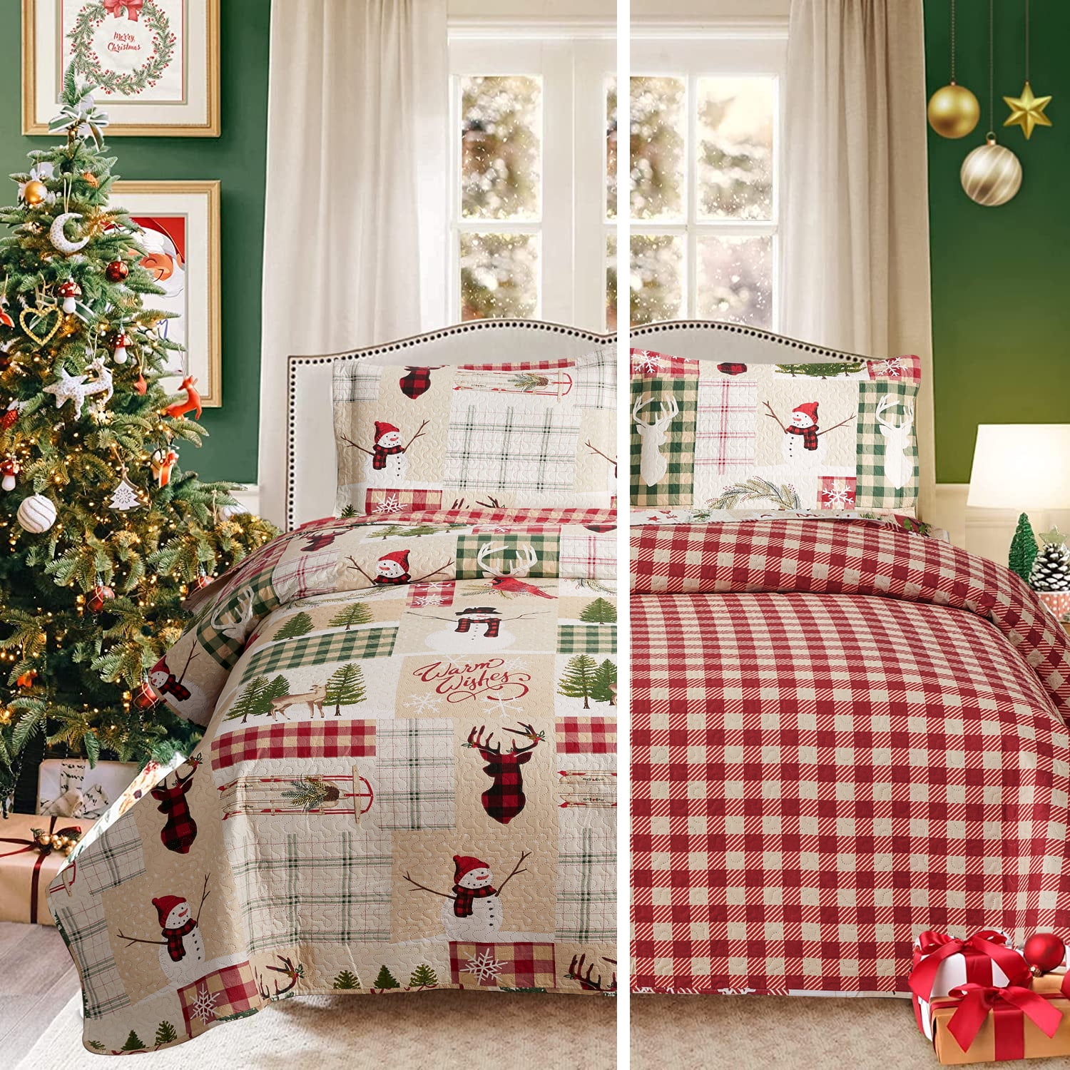 Green Essen Christmas Quilts Sets King Size Reversible Rustic Lodge ...