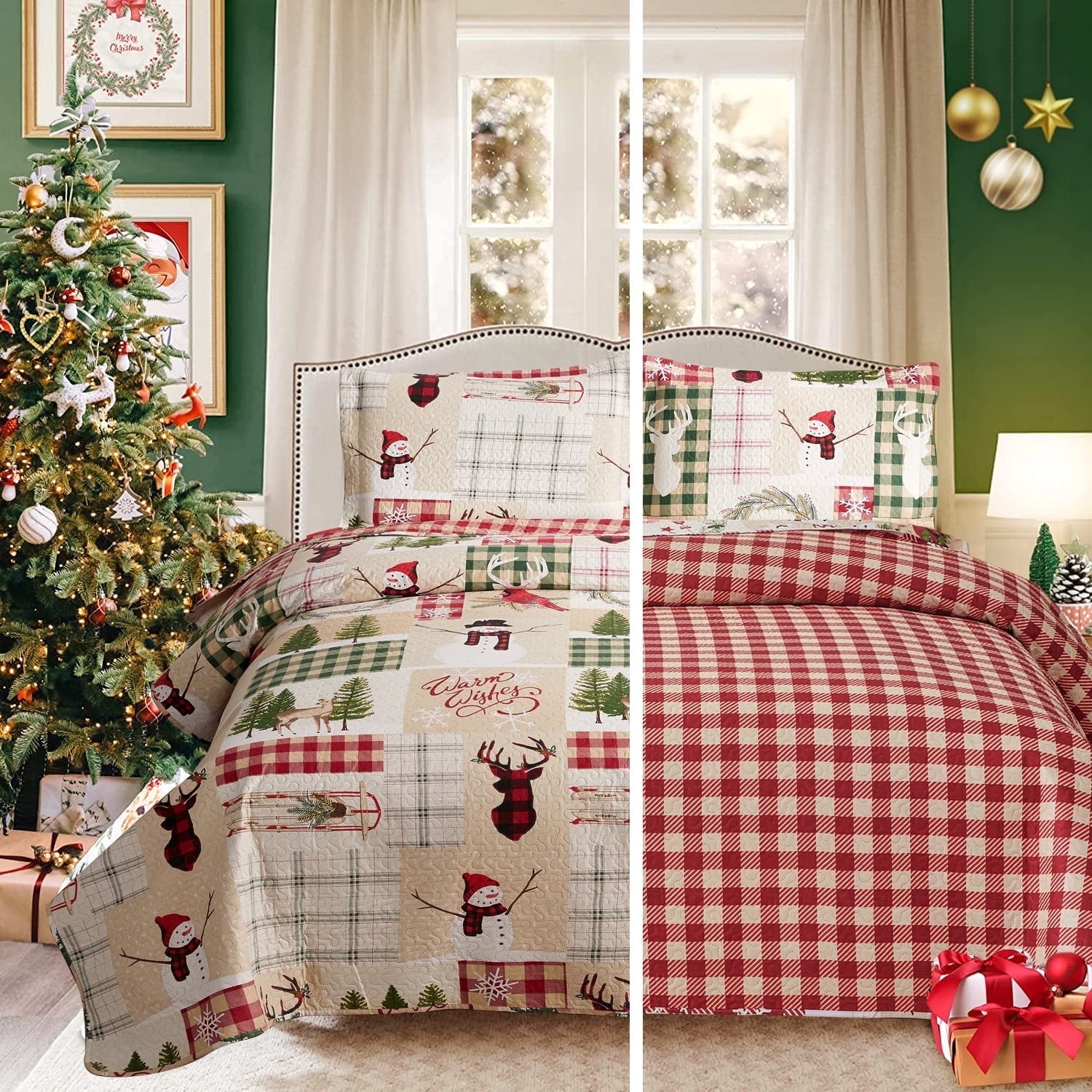 Green Essen Christmas Quilts Sets King Size Reversible Rustic Lodge ...