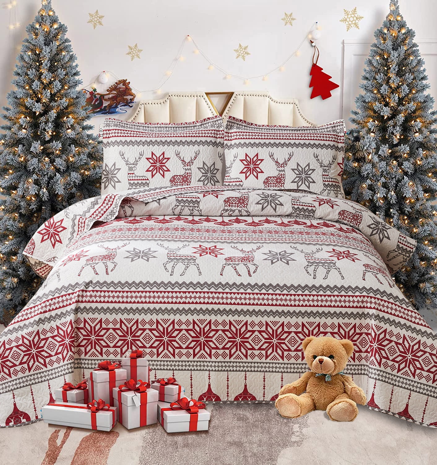 Green Essen Christmas Quilts Twin Size Reindeer Xmas Bedspread ...