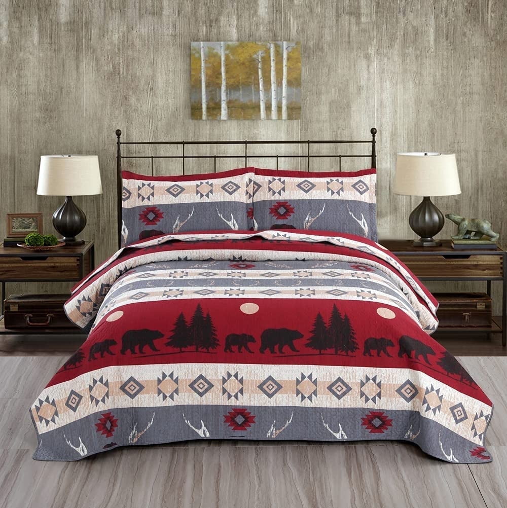 Essen Lodge Twin Size Bedspread, Rustic Cabin Quilts, Red Black Bear ...