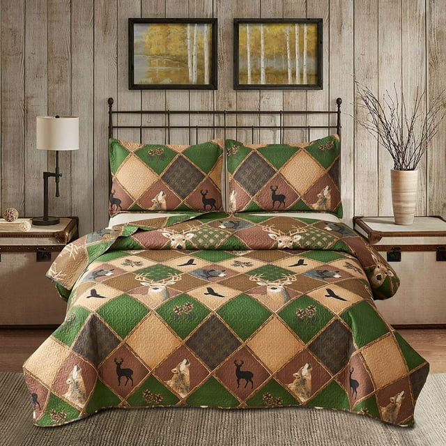 Essen Lodge Rustic Bedding Set, Queen Size Green Microfiber Quilt with ...