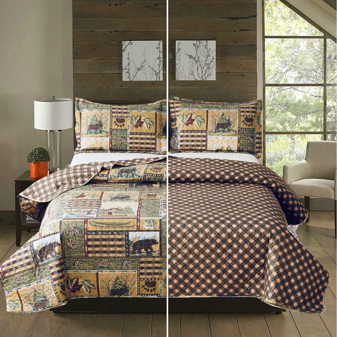 Green Essen Moose Bear Lodge Quilt Queen Reversible Bedspread Plaid ...