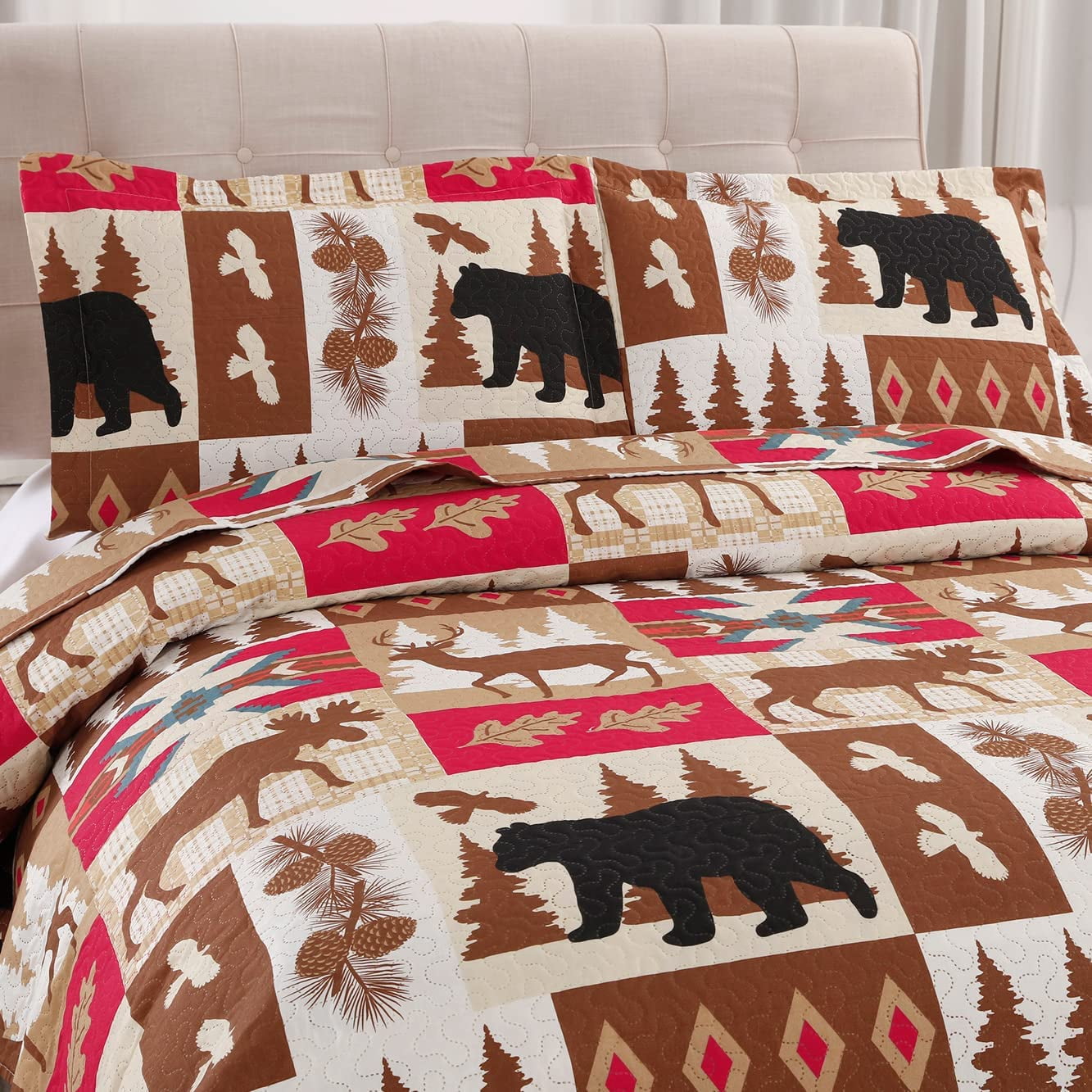 Green Essen Lodge-Themed Quilt Set, Rustic Moose Bear Design, Plaid ...