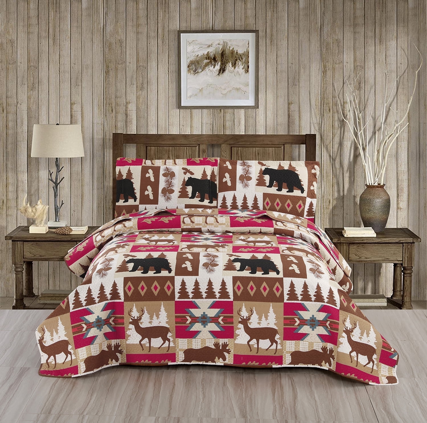 Green Essen Lodge-Themed Quilt Set, Rustic Moose Bear Design, Plaid ...