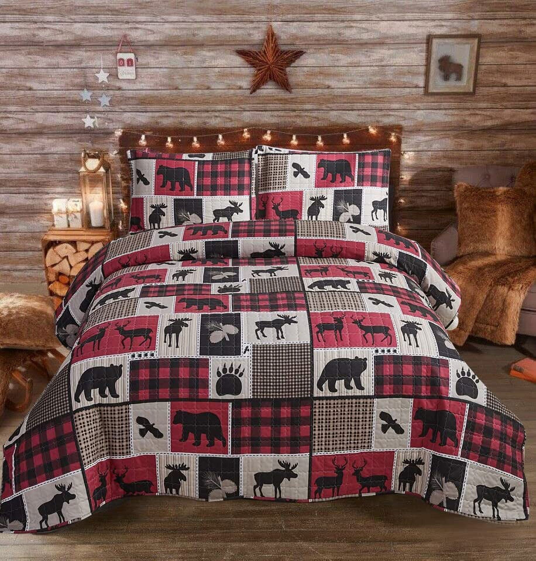 Green Essen Rustic Bedding Quilt Sets King 3 Pcs Plaid Moose Bedspread ...