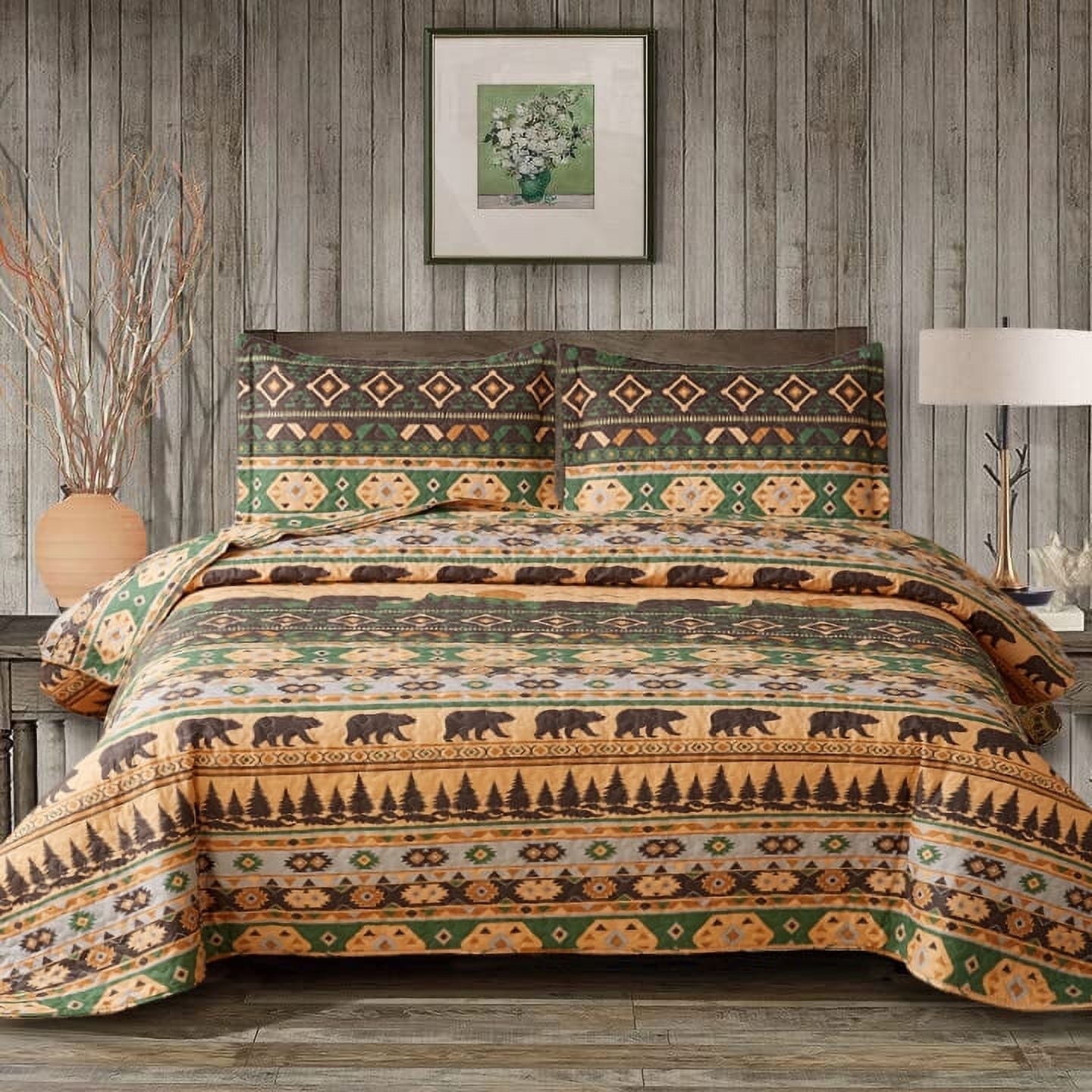 Queen Size Green Essen Lodge Country Quilt Set - Moose Bear Full Rustic ...