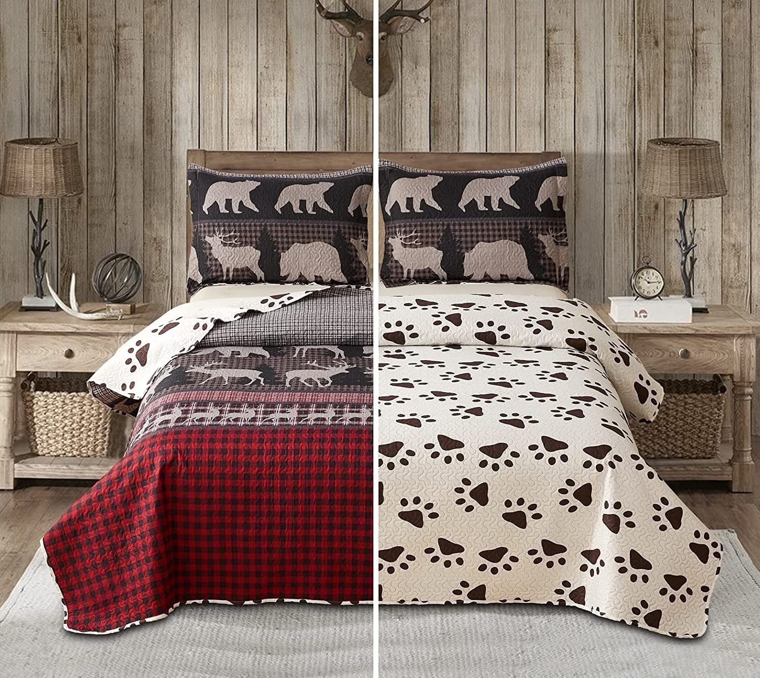 Green Essen Lodge-Style Twin Size Quilt Set with Moose & Bear Design ...